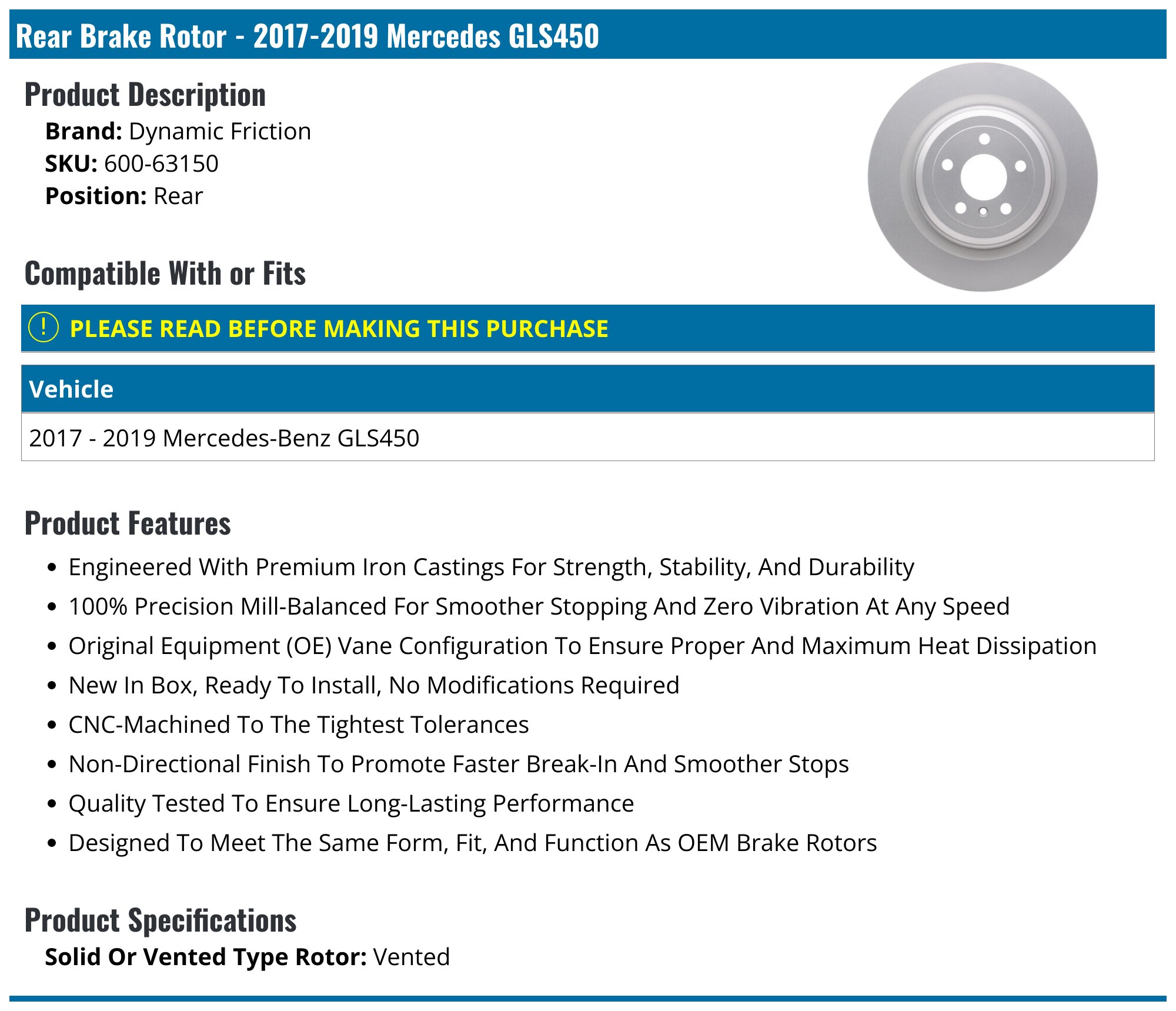 2017-2019 Mercedes GLS450 Brake Rotor - Dynamic Friction 600-63150 ...