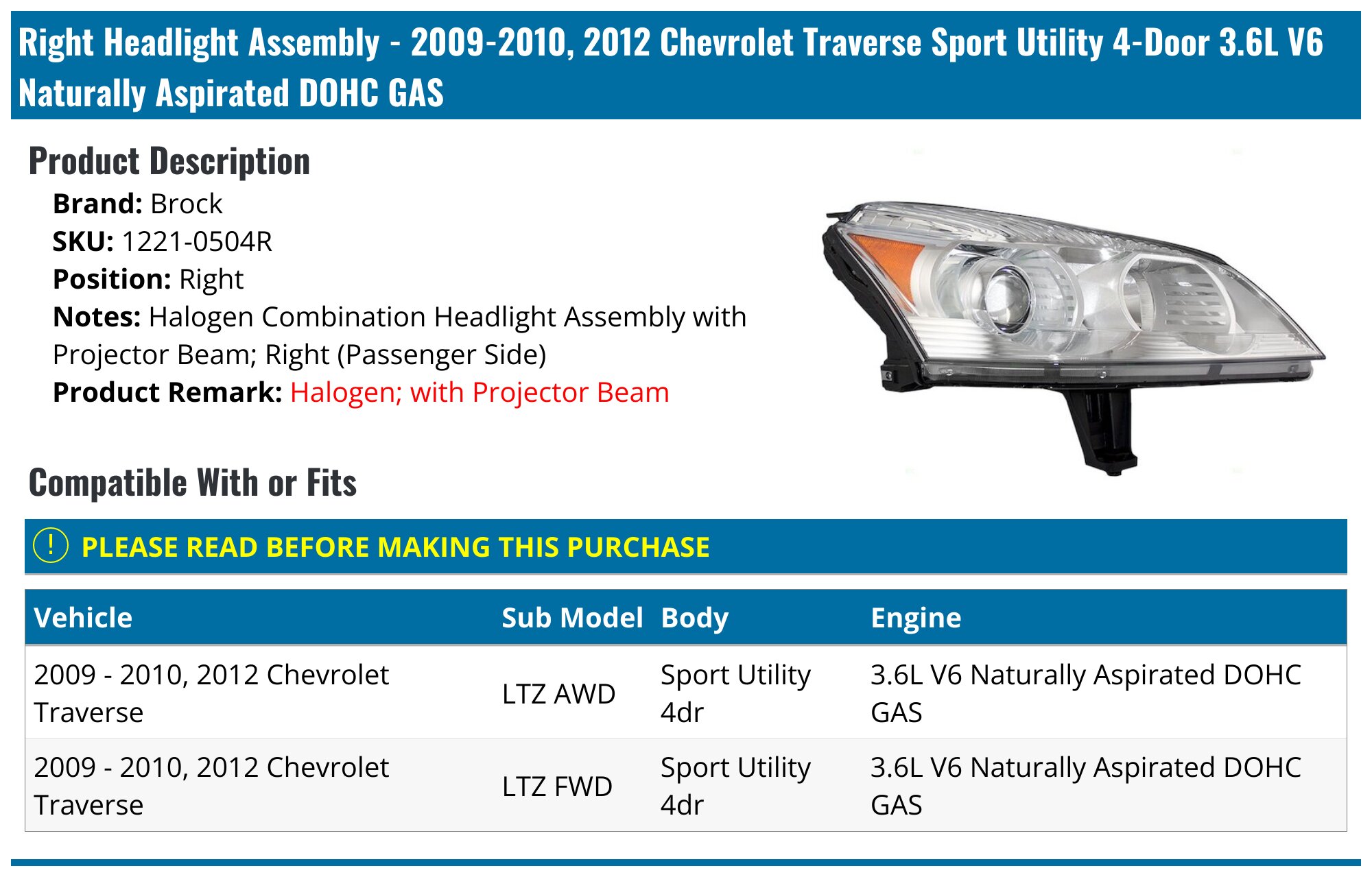 2009-2010, 2012 Chevrolet Traverse Headlight Assembly - Brock 1221 ...
