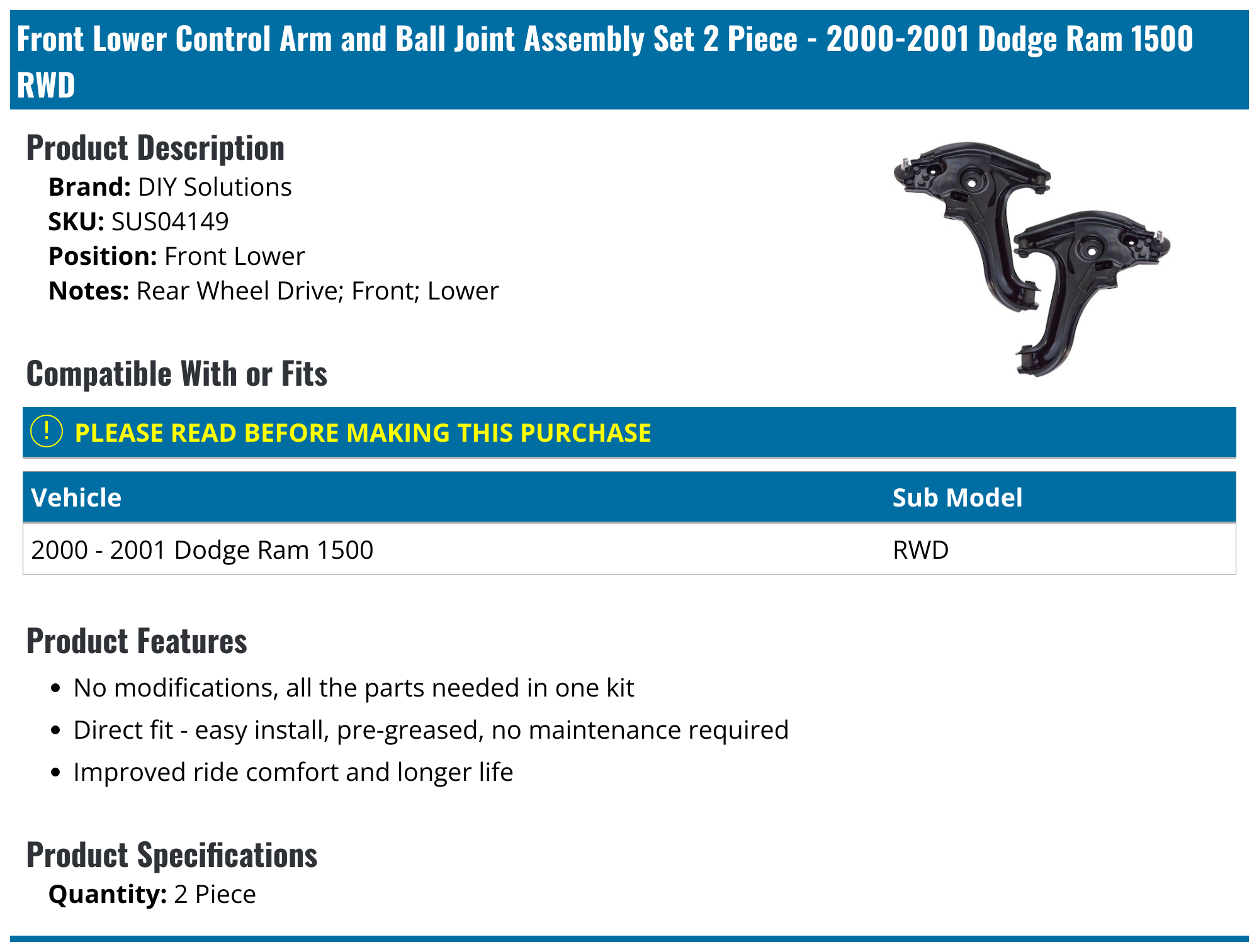 2000-2001 Dodge Ram 1500 Control Arm - DIY Solutions SUS04149 - Front ...