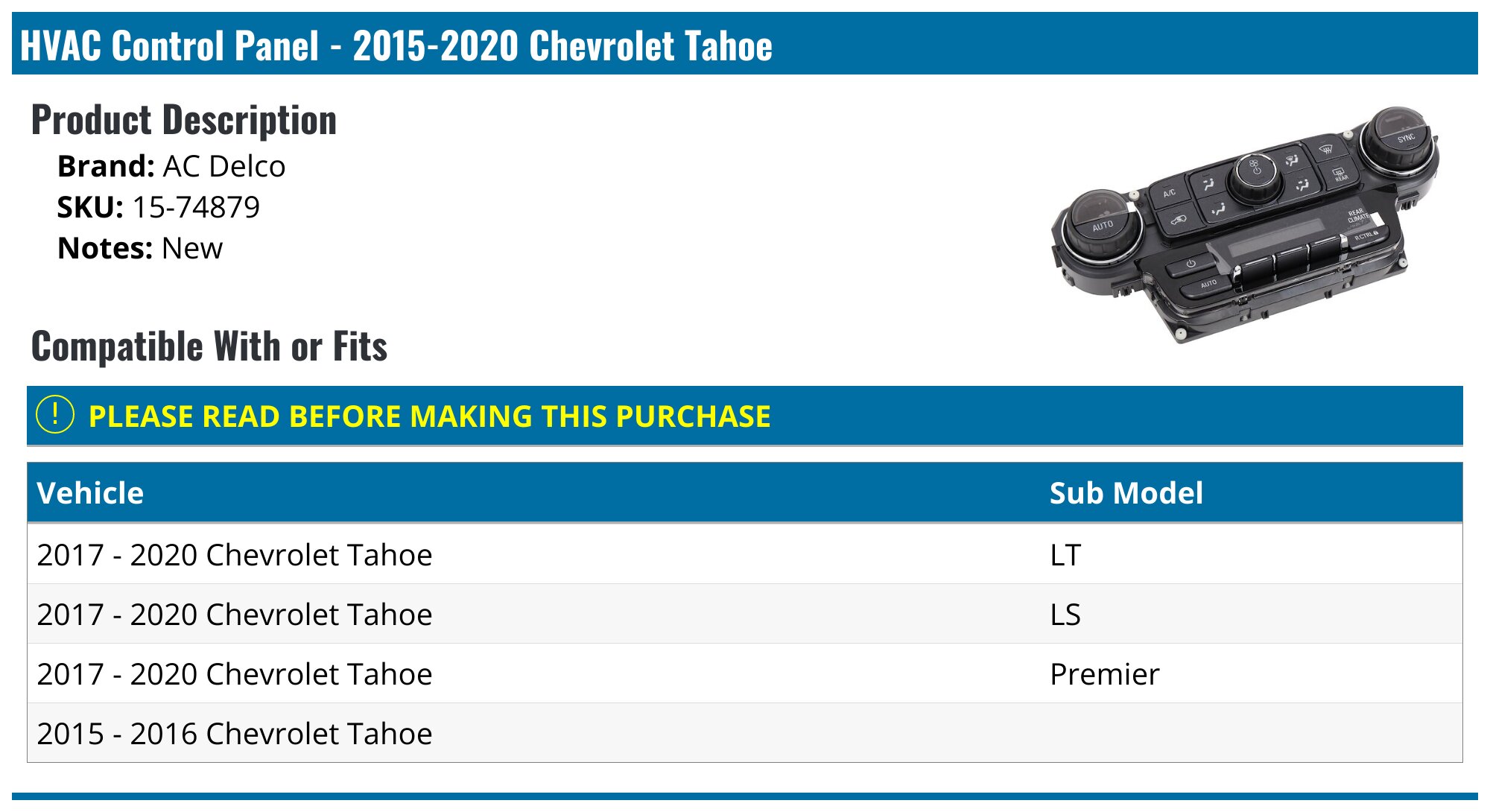 2015-2020 Chevrolet Tahoe HVAC Control Module - AC Delco 15-74879 ...