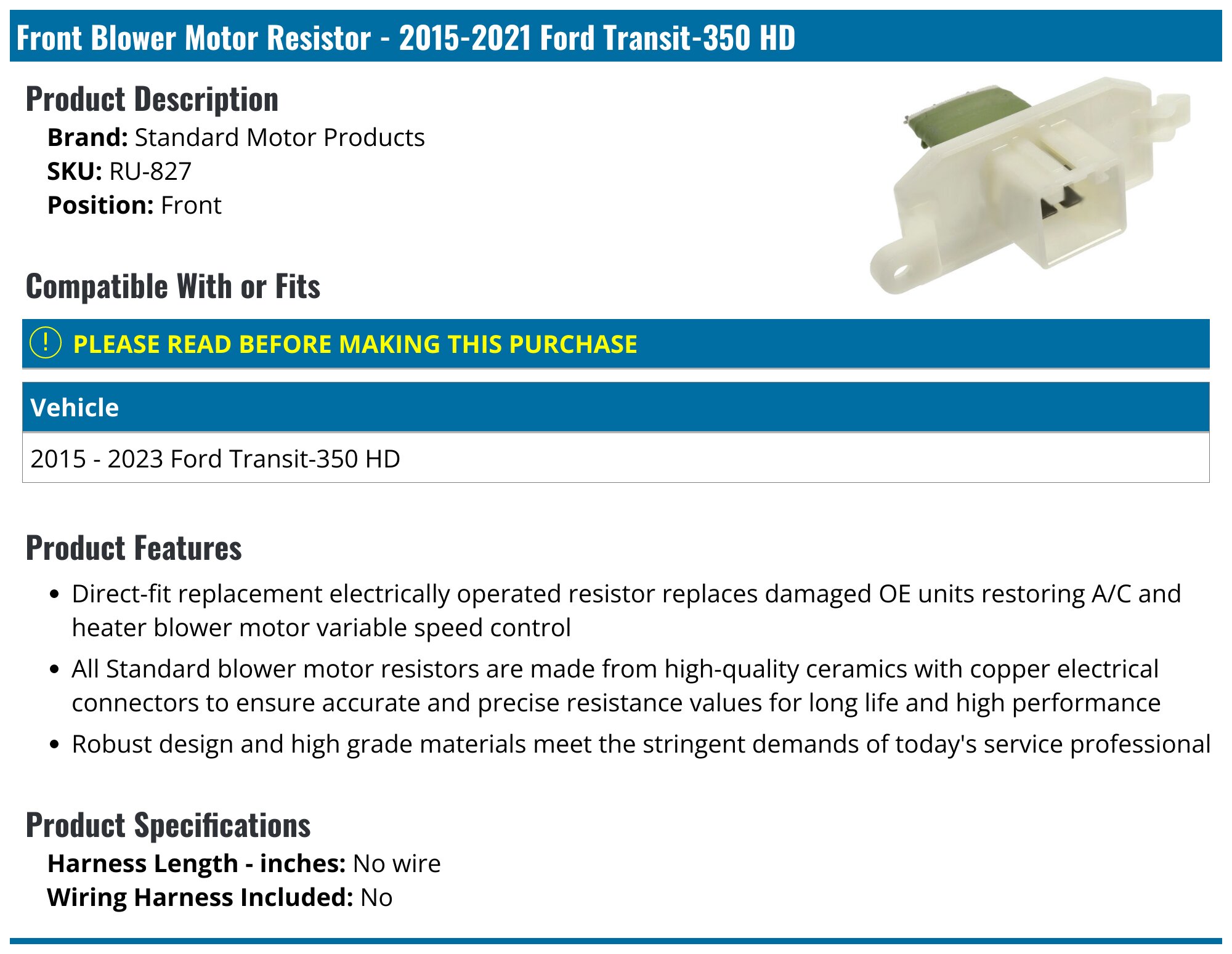2015-2024 Ford Transit-350 HD Blower Motor Resistor - Standard Motor ...