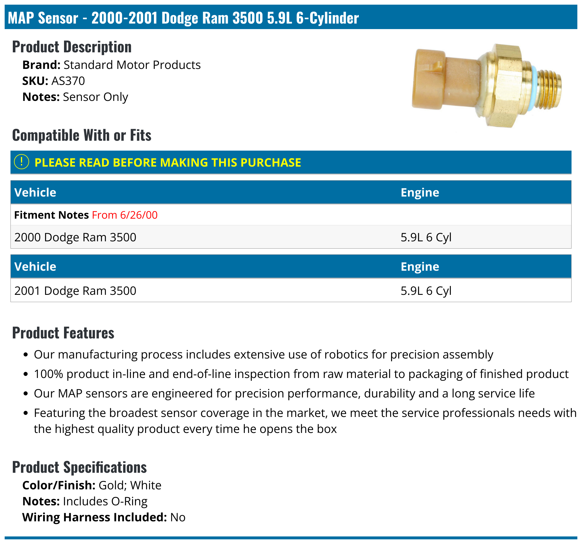 2000-2001 Dodge Ram 3500 MAP Sensor - Standard Motor Products AS370 ...