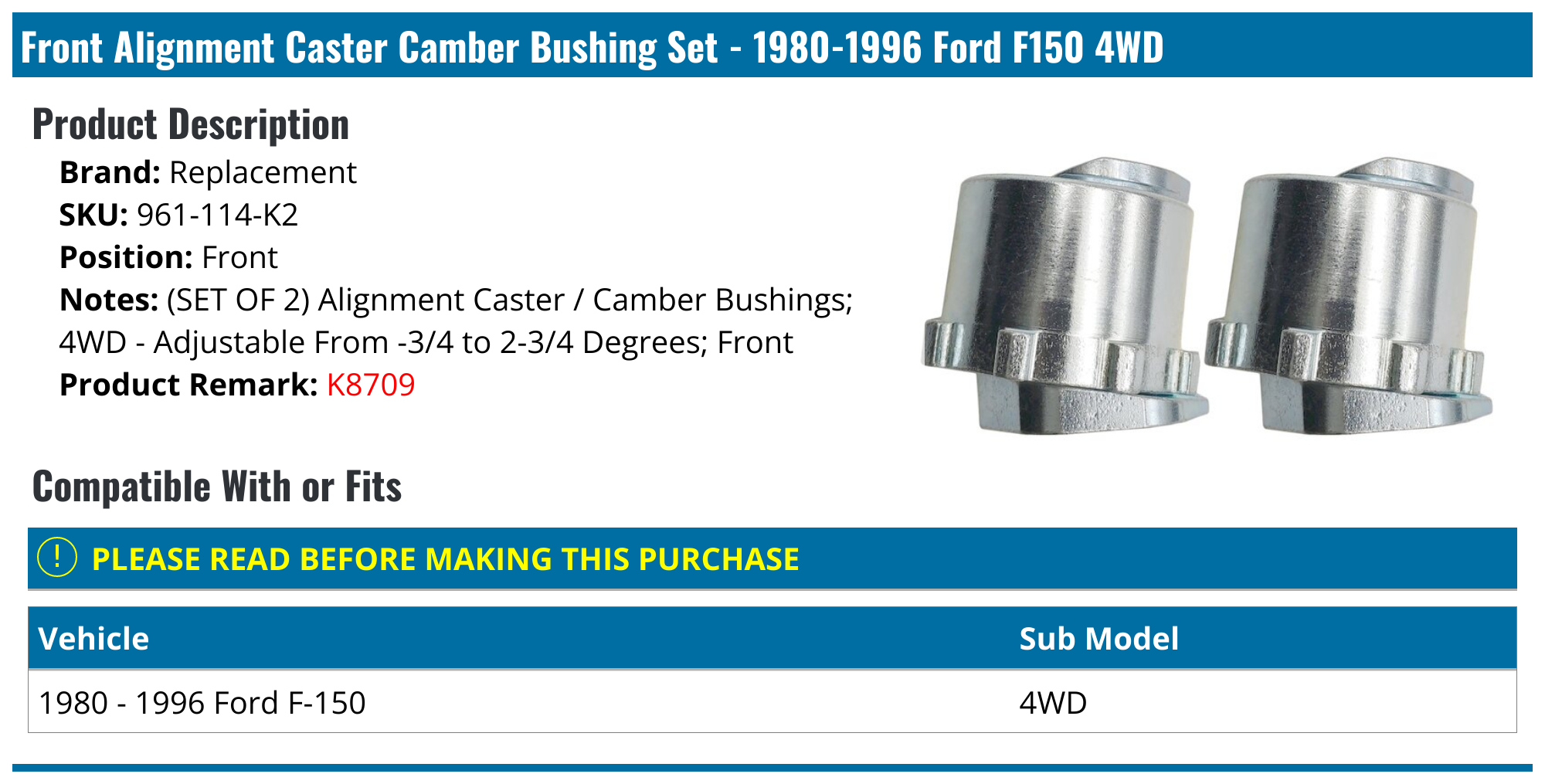 1980-1996 Ford F150 Alignment Caster Camber Bushing - Replacement 961 ...