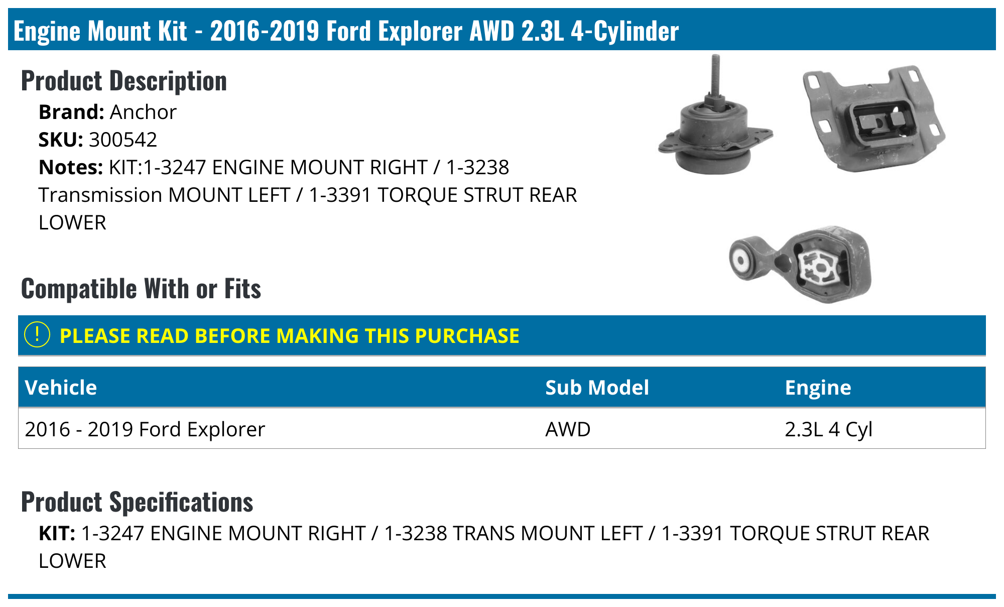 2016-2019 Ford Explorer Engine Mount - Anchor 300542 - PartsGeek.com