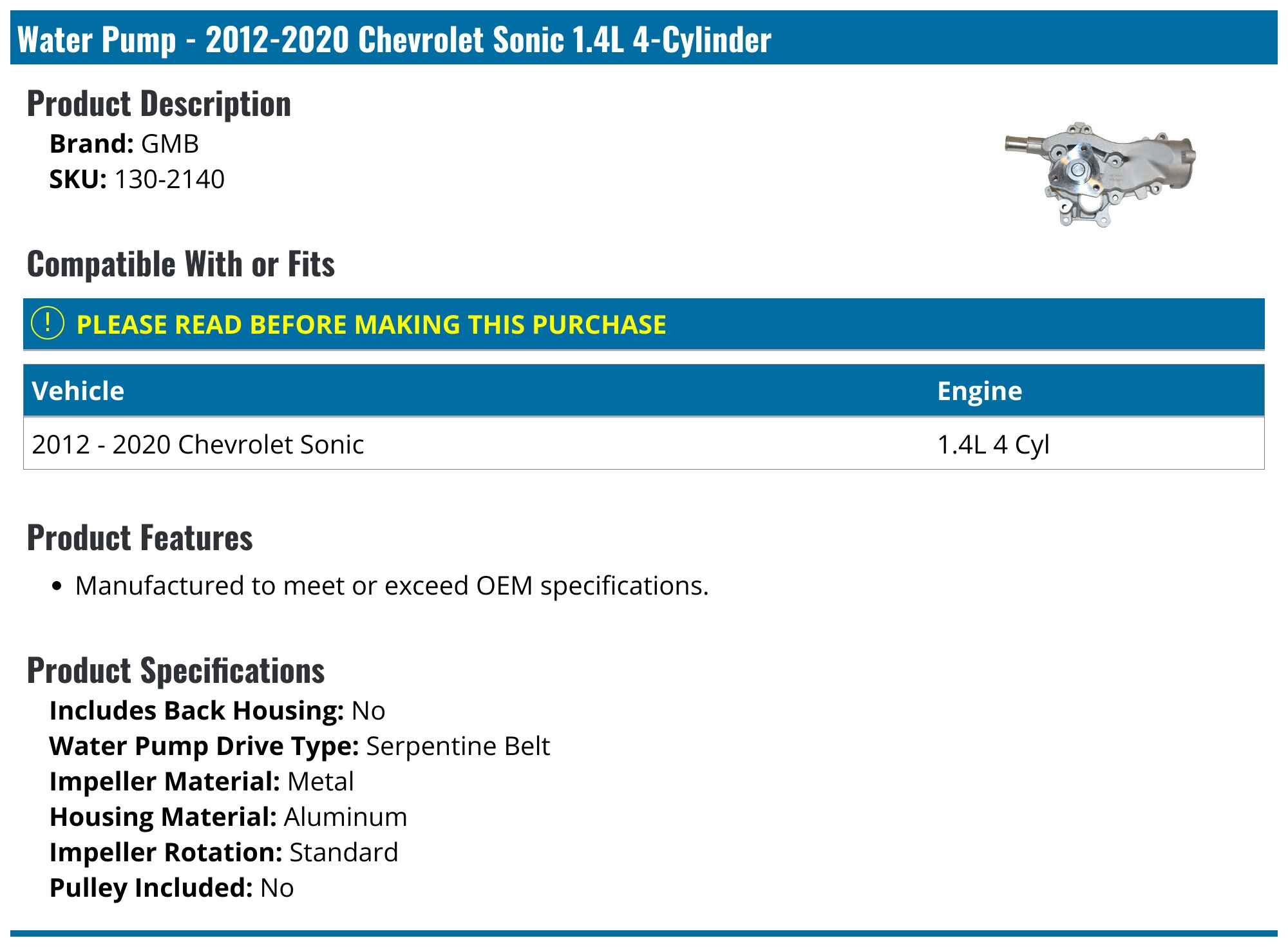 2012-2020 Chevrolet Sonic Water Pump - GMB 130-2140 - PartsGeek.com