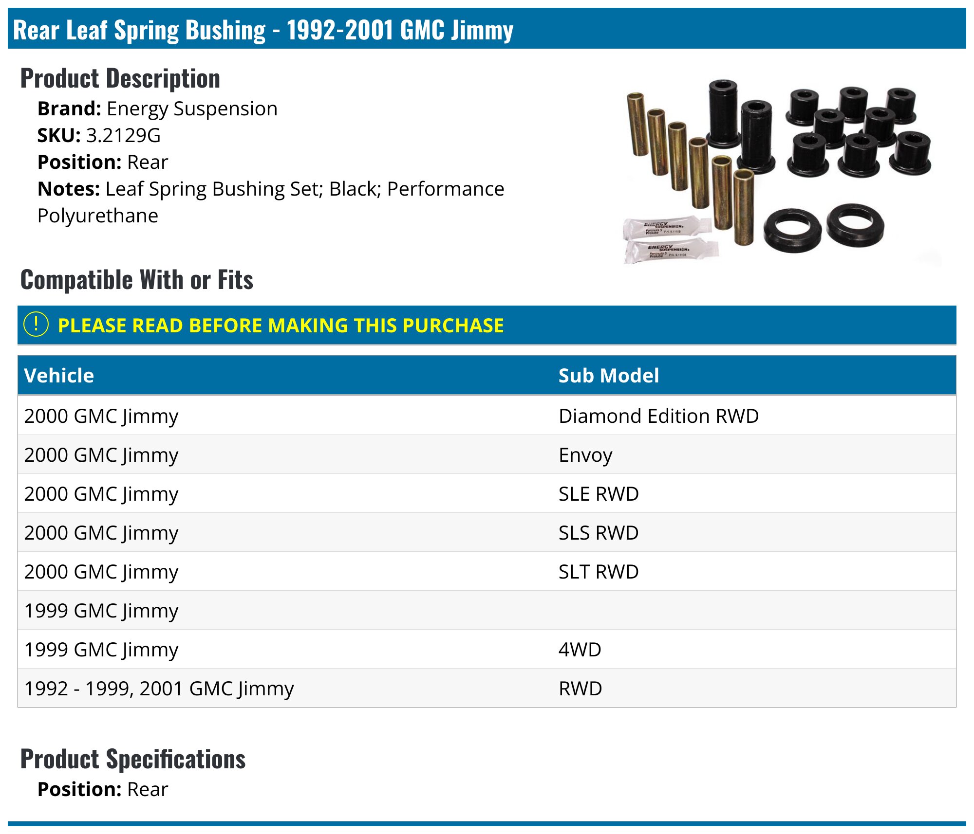 1992-2001 GMC Jimmy Leaf Spring Bushing - Energy Suspension 3.2129G ...