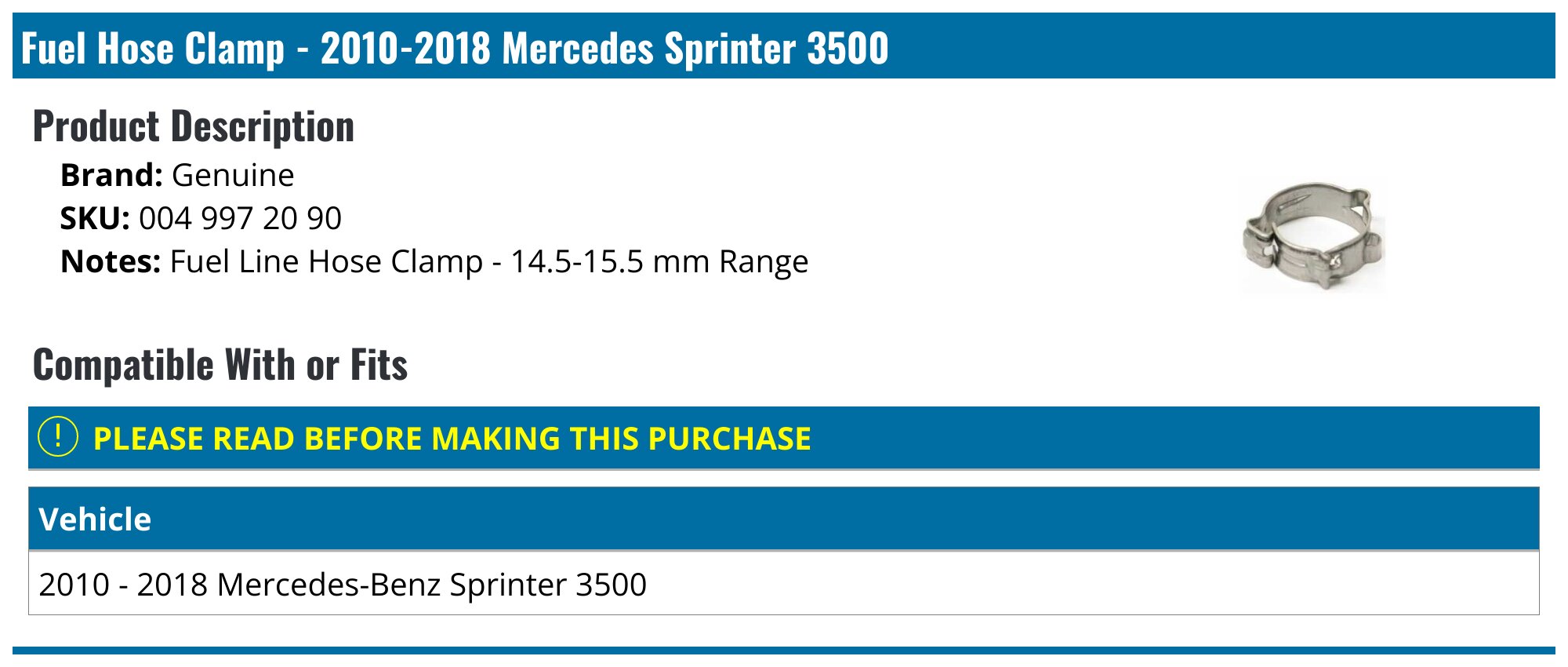 2010-2018 Mercedes Sprinter 3500 Fuel Hose Clamp - Genuine 004 997 20 ...