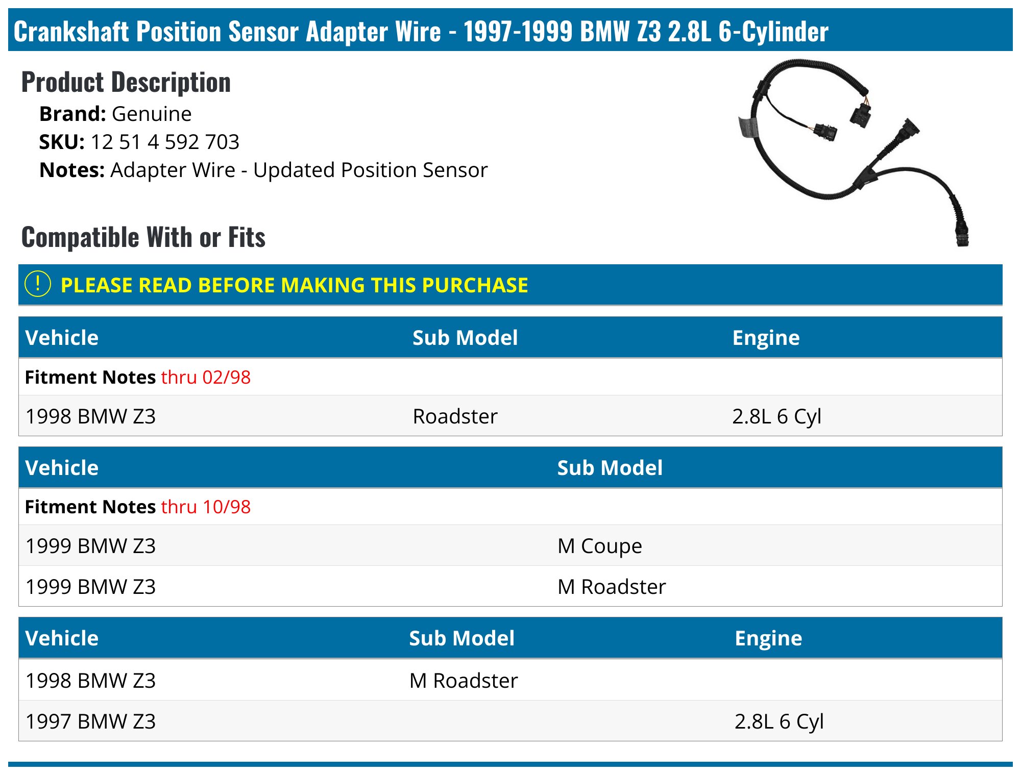 1997-1999 BMW Z3 Crankshaft Position Sensor Adapter Wire - Genuine 12 ...
