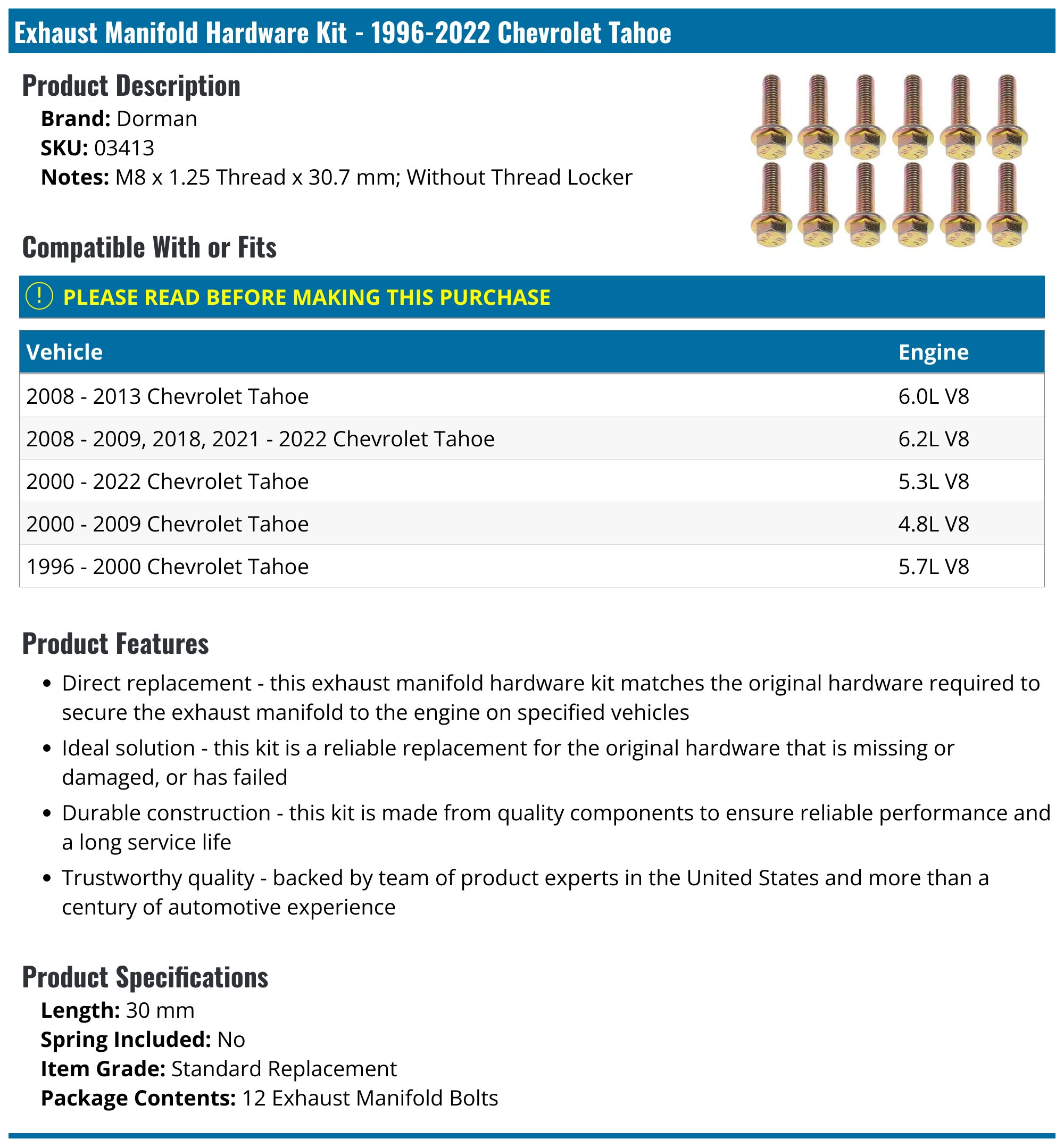 1996-2022 Chevrolet Tahoe Exhaust Manifold - Dorman 03413 - PartsGeek.com