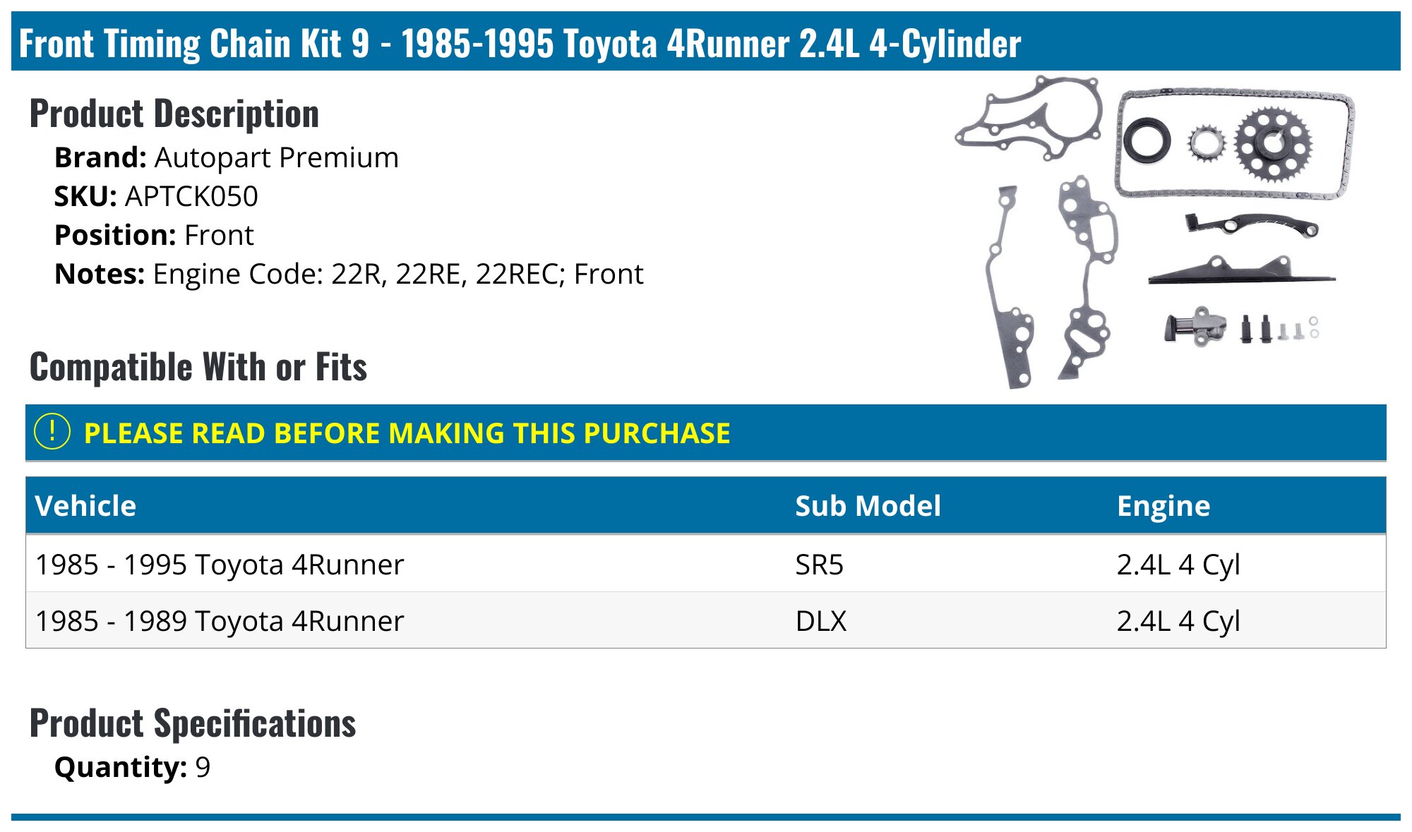 1985-1995 Toyota 4Runner Timing Chain - Autopart Premium APTCK050 ...