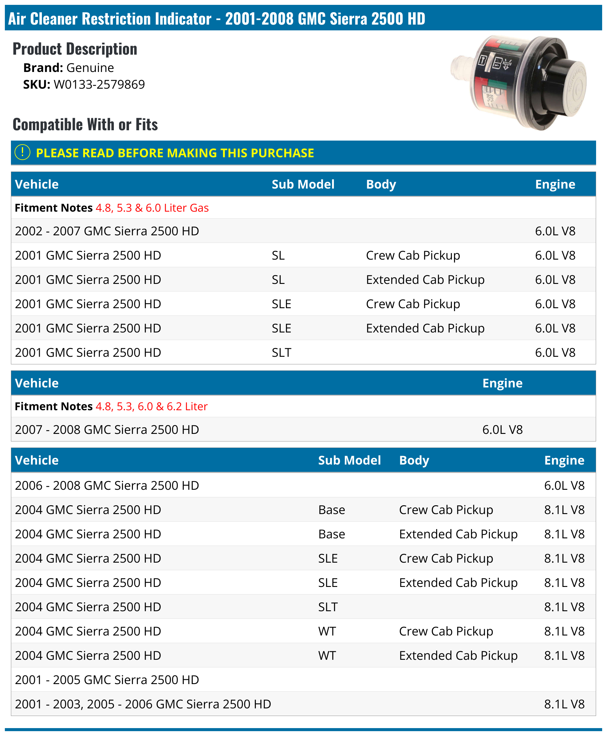 2001-2008 GMC Sierra 2500 HD Air Cleaner Restriction Indicator ...