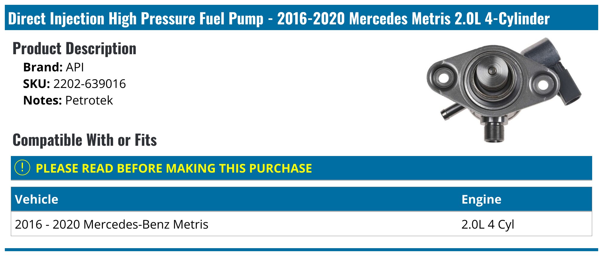 2016-2020 Mercedes Metris Fuel Pump - API 137668-02460467 - PartsGeek.com