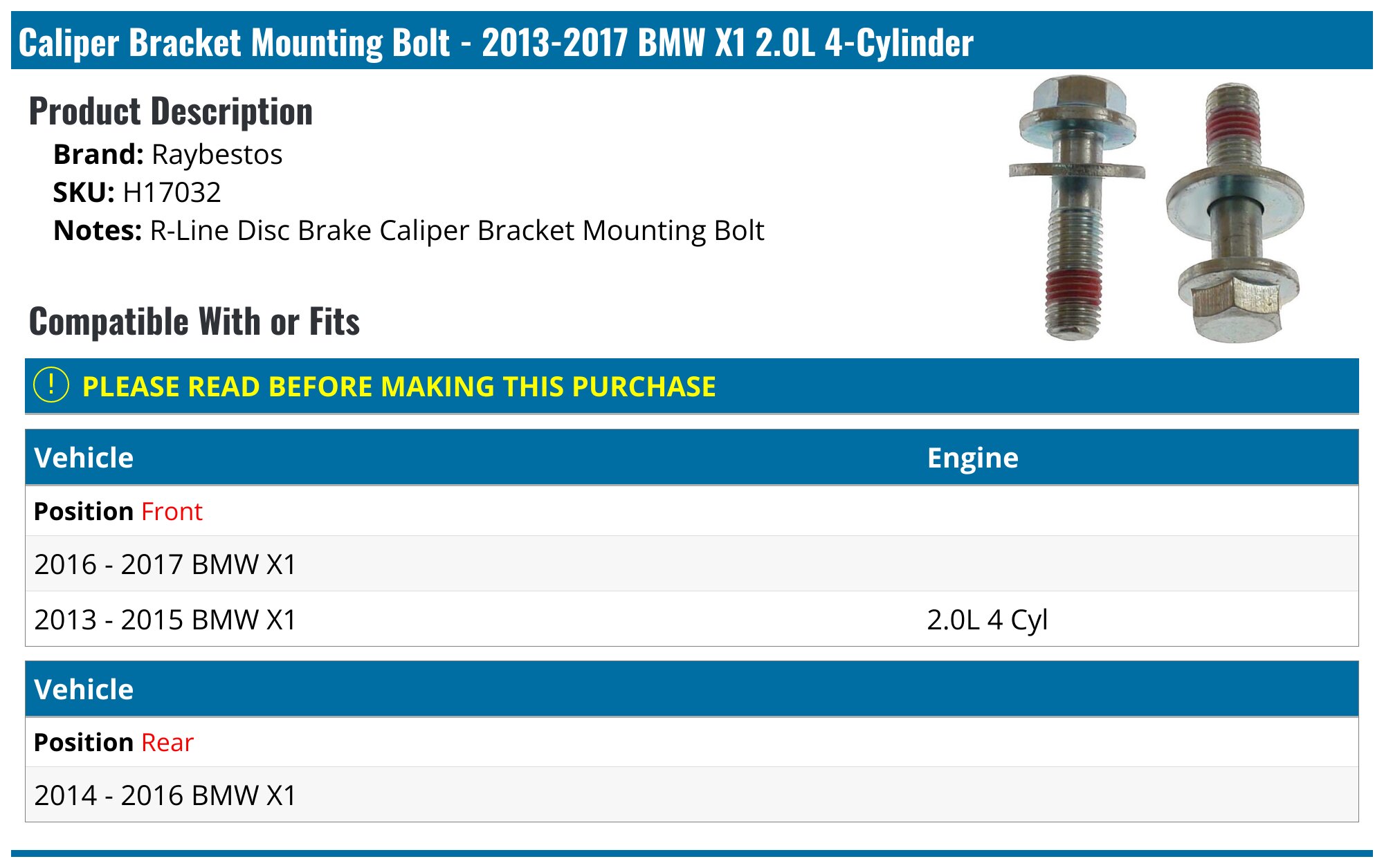 2013-2017 BMW X1 Caliper Bracket Mounting Bolt - Raybestos H17032 ...