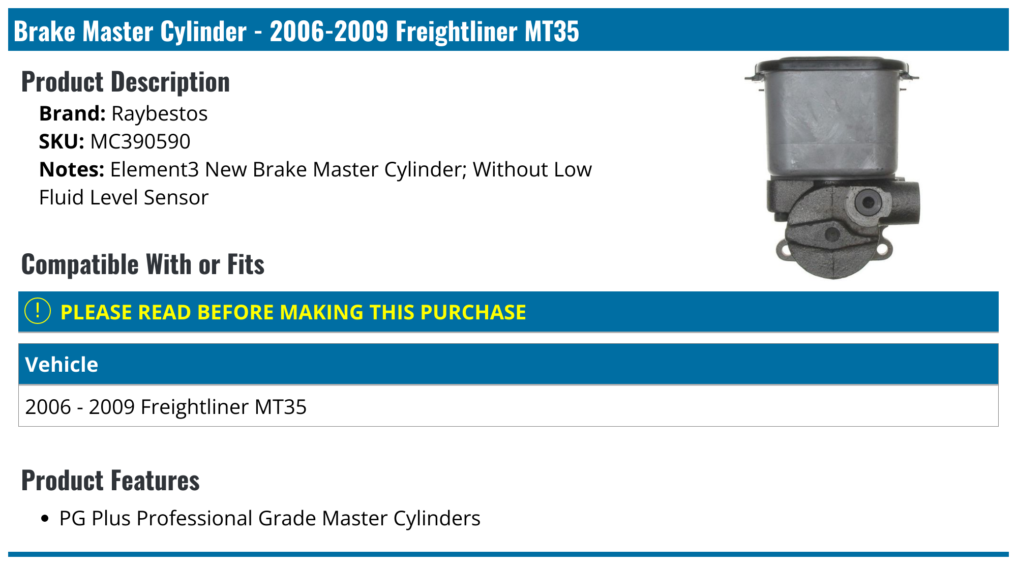 2006-2009 Freightliner MT35 Brake Master Cylinder - Raybestos MC390590 ...