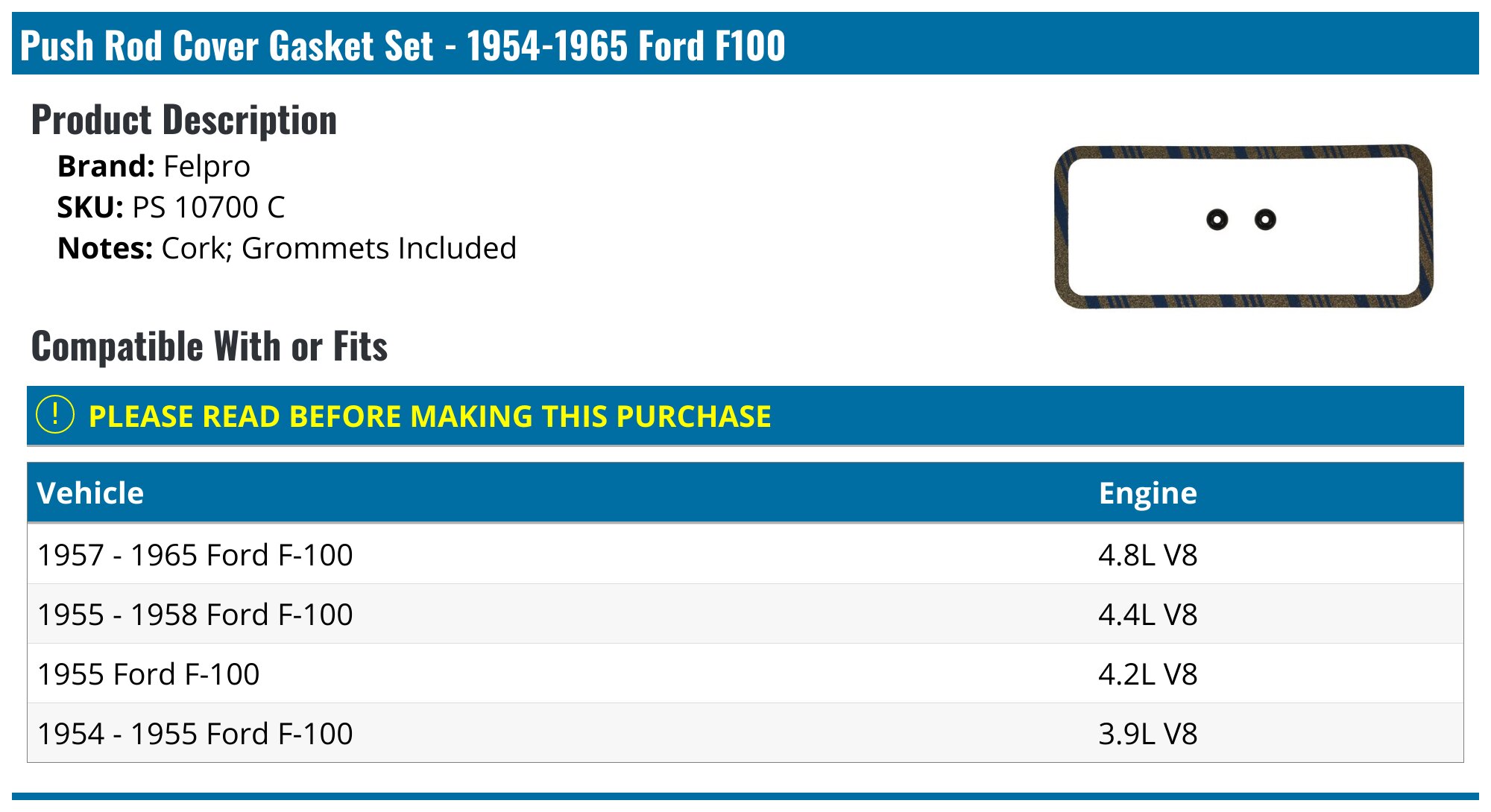 1954-1965 Ford F100 Push Rod Cover Gasket Set - Felpro PS 10700 C ...