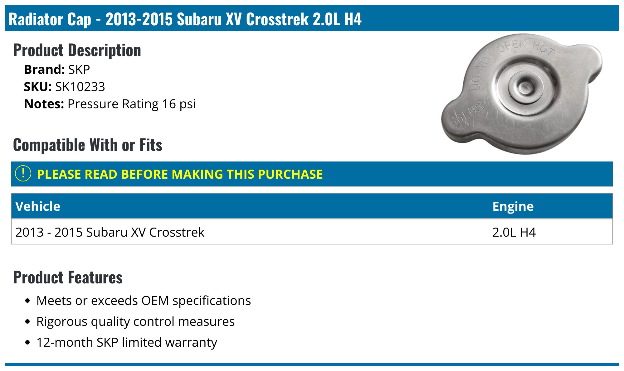 2013-2015 Subaru XV Crosstrek Radiator Cap - SKP SK10233 - PartsGeek.com