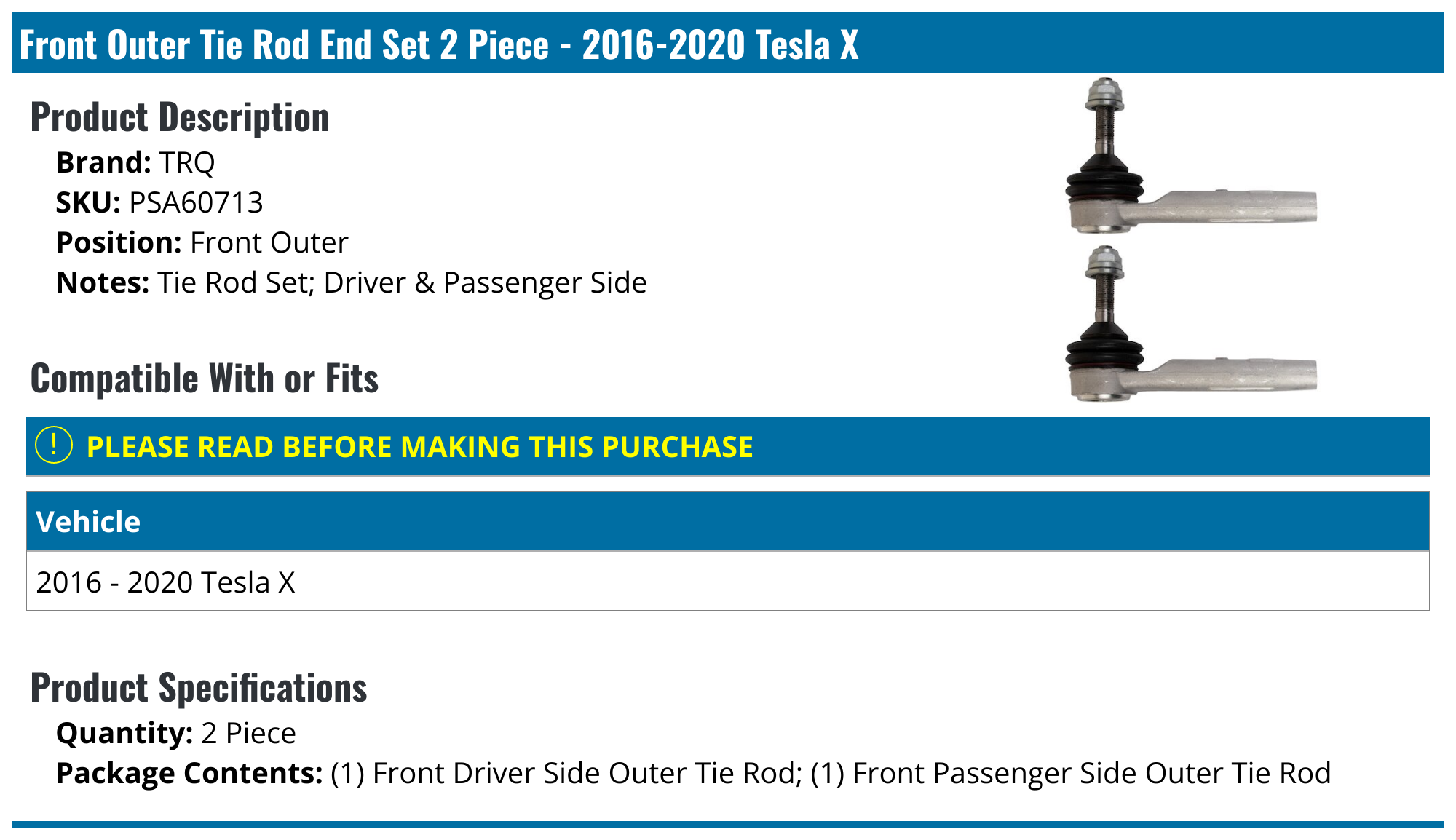 2016-2020 Tesla X Tie Rod End - TRQ PSA60713 - Front Outer - PartsGeek.com