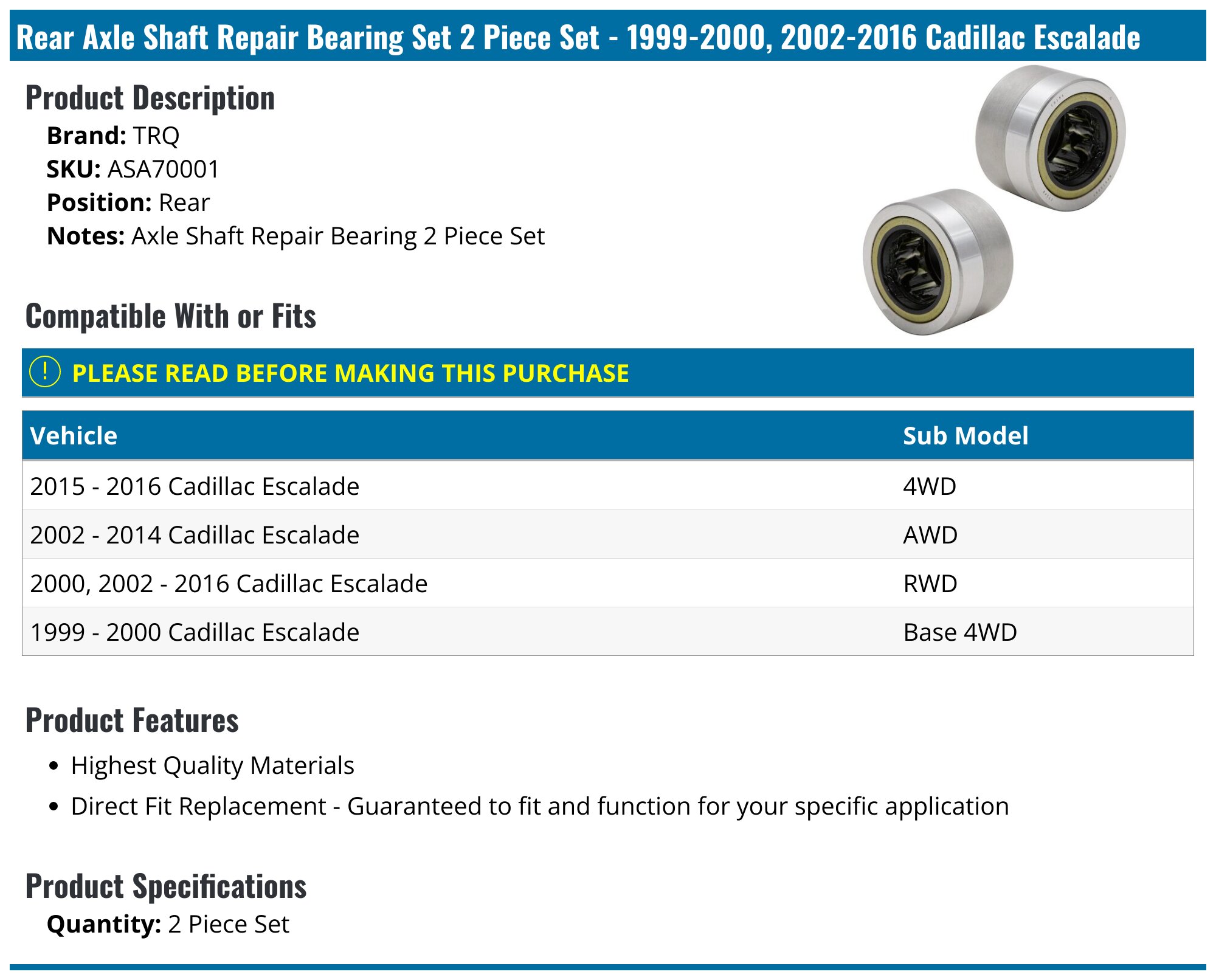 1999-2000, 2002-2016 Cadillac Escalade Axle Shaft Repair Bearing - TRQ ...