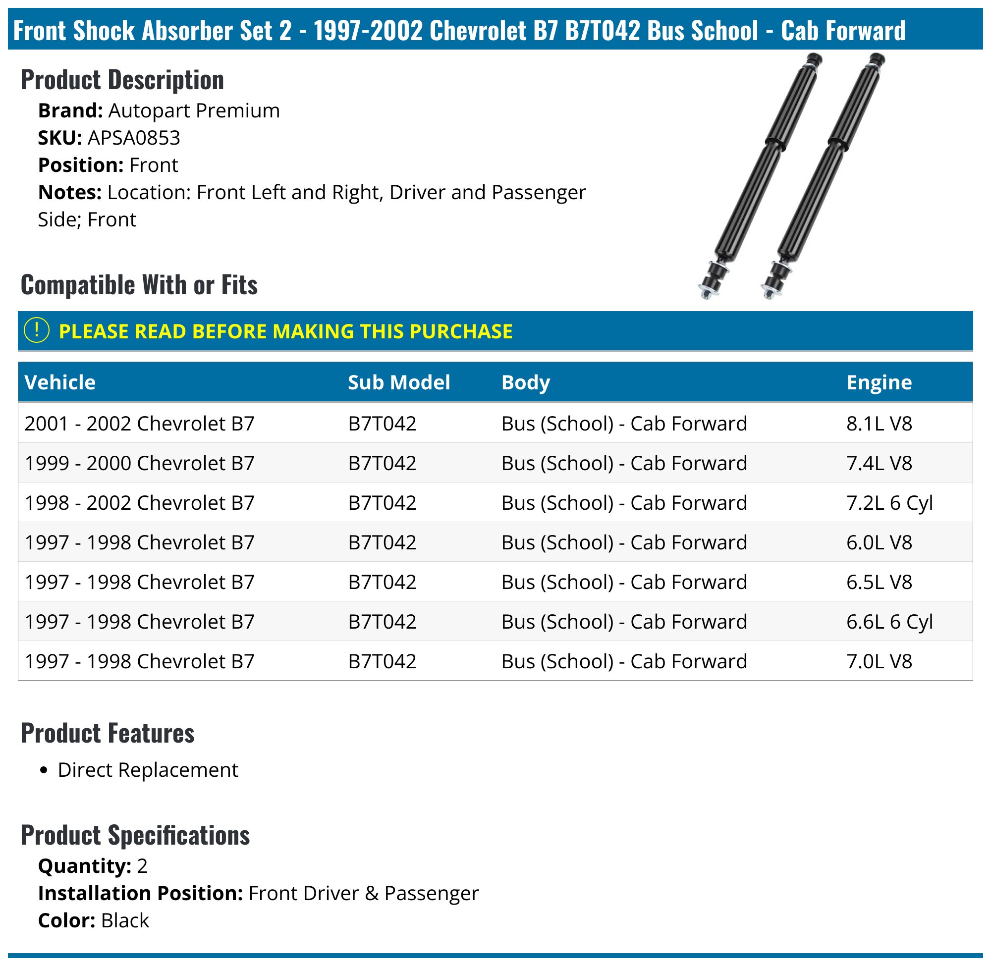 1997-2002 Chevrolet B7 Shock Absorber - Autopart Premium APSA0853 ...
