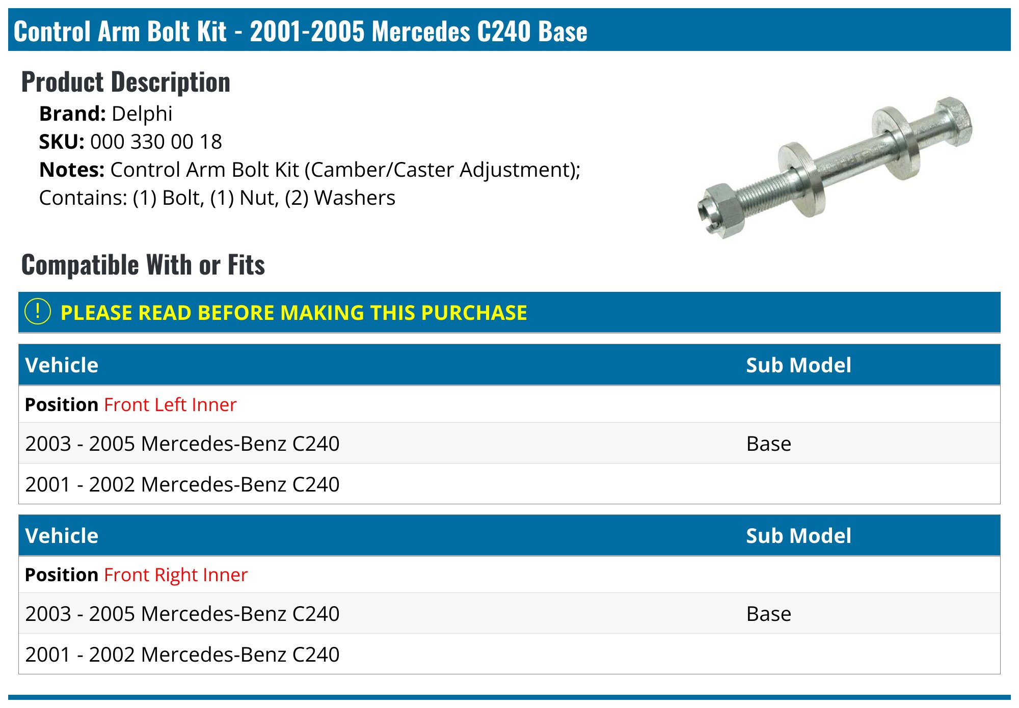2001-2005 Mercedes C240 Control Arm Bolt Kit - Delphi 000 330 00 18 ...