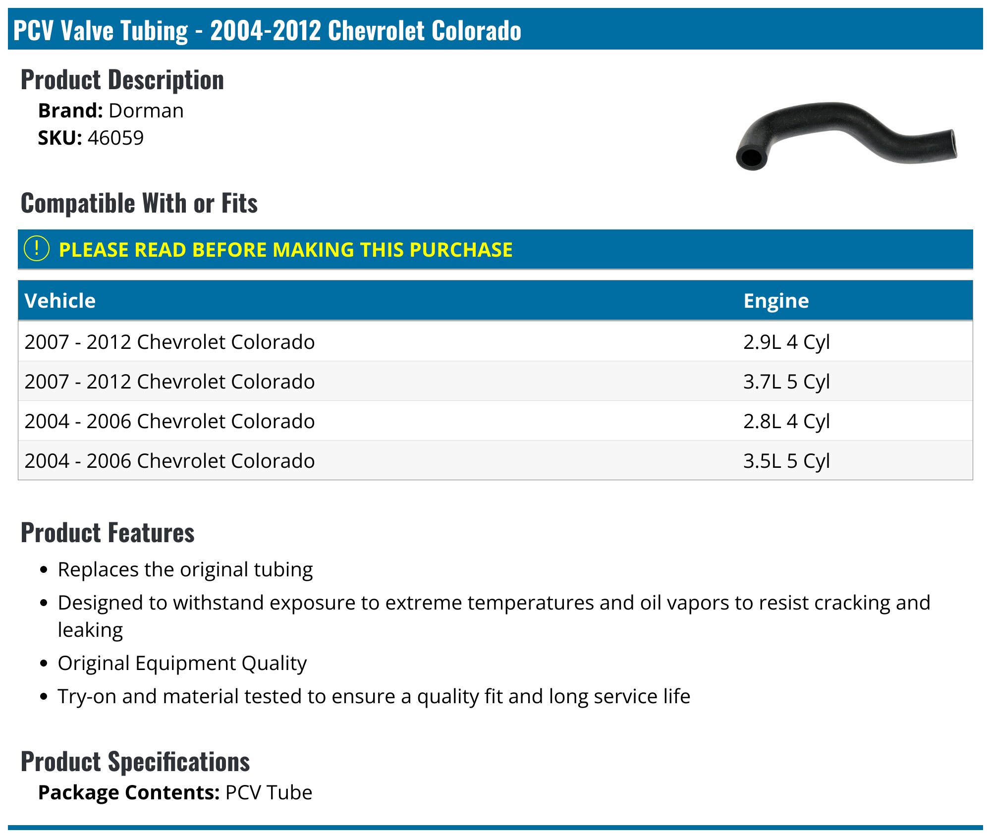 2004-2012 Chevrolet Colorado PCV Hose - Dorman 46059 - PartsGeek.com