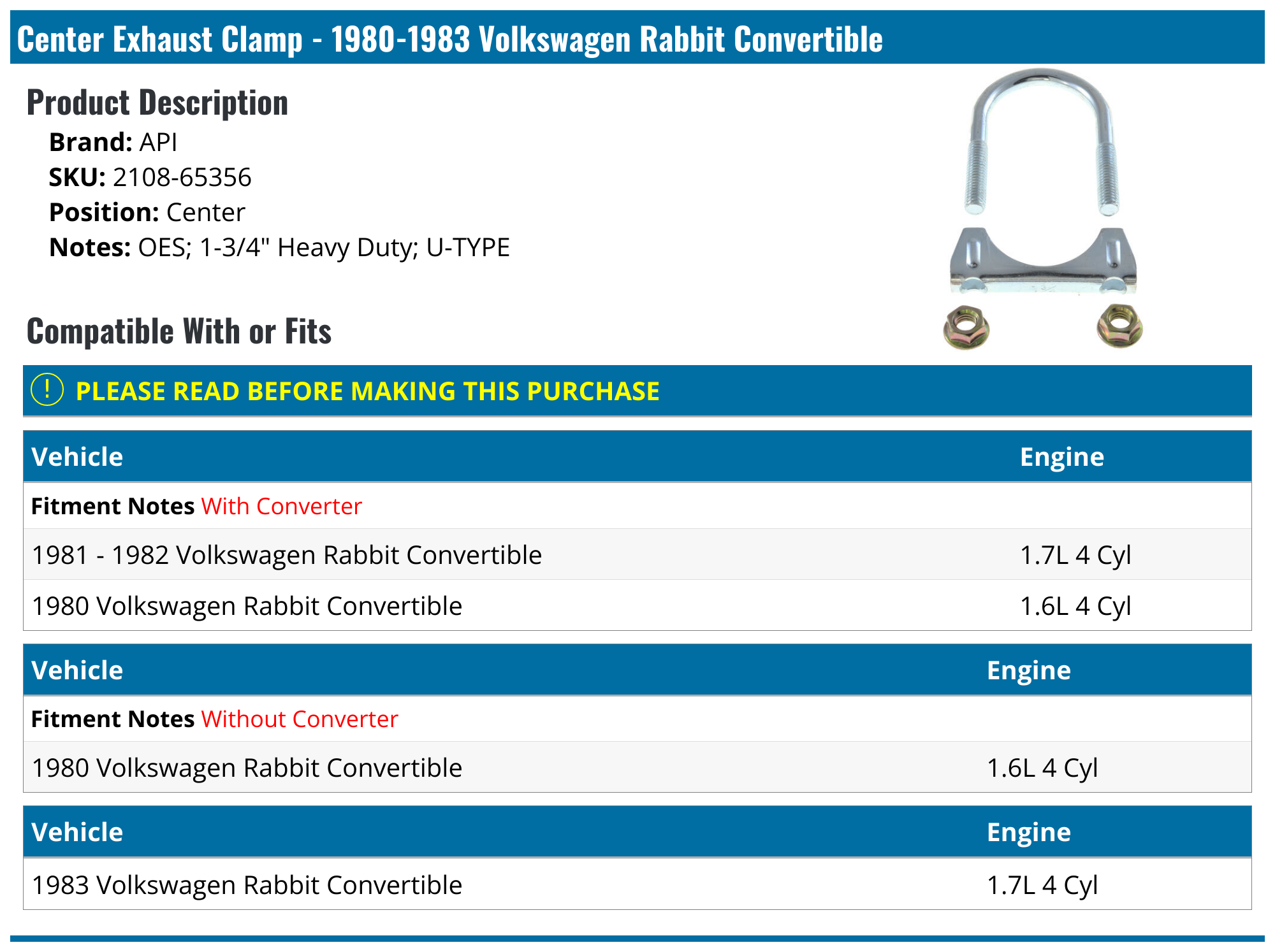1980-1983 Volkswagen Rabbit Convertible Exhaust Clamp - API 7226 ...