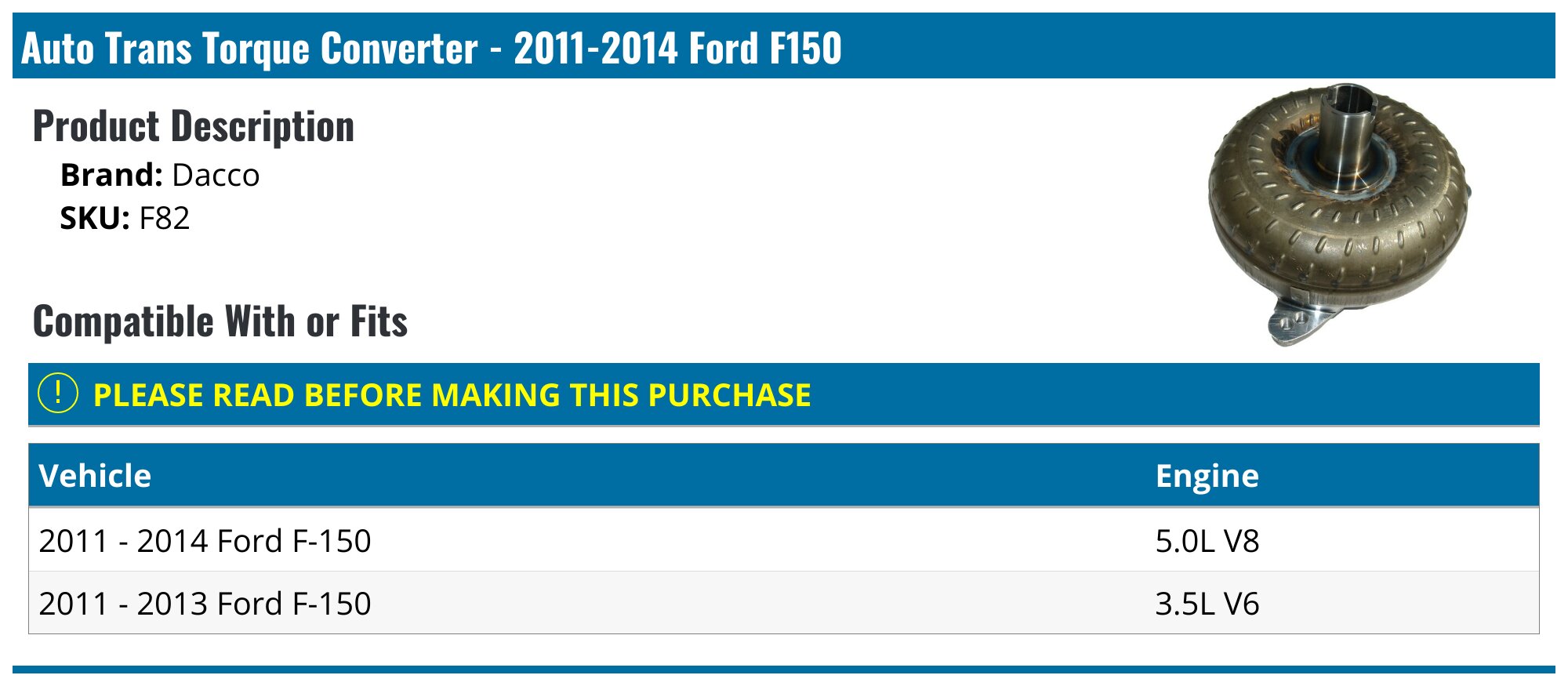 2011-2017 Ford F150 Auto Trans Torque Converter - Dacco F82 - PartsGeek.com