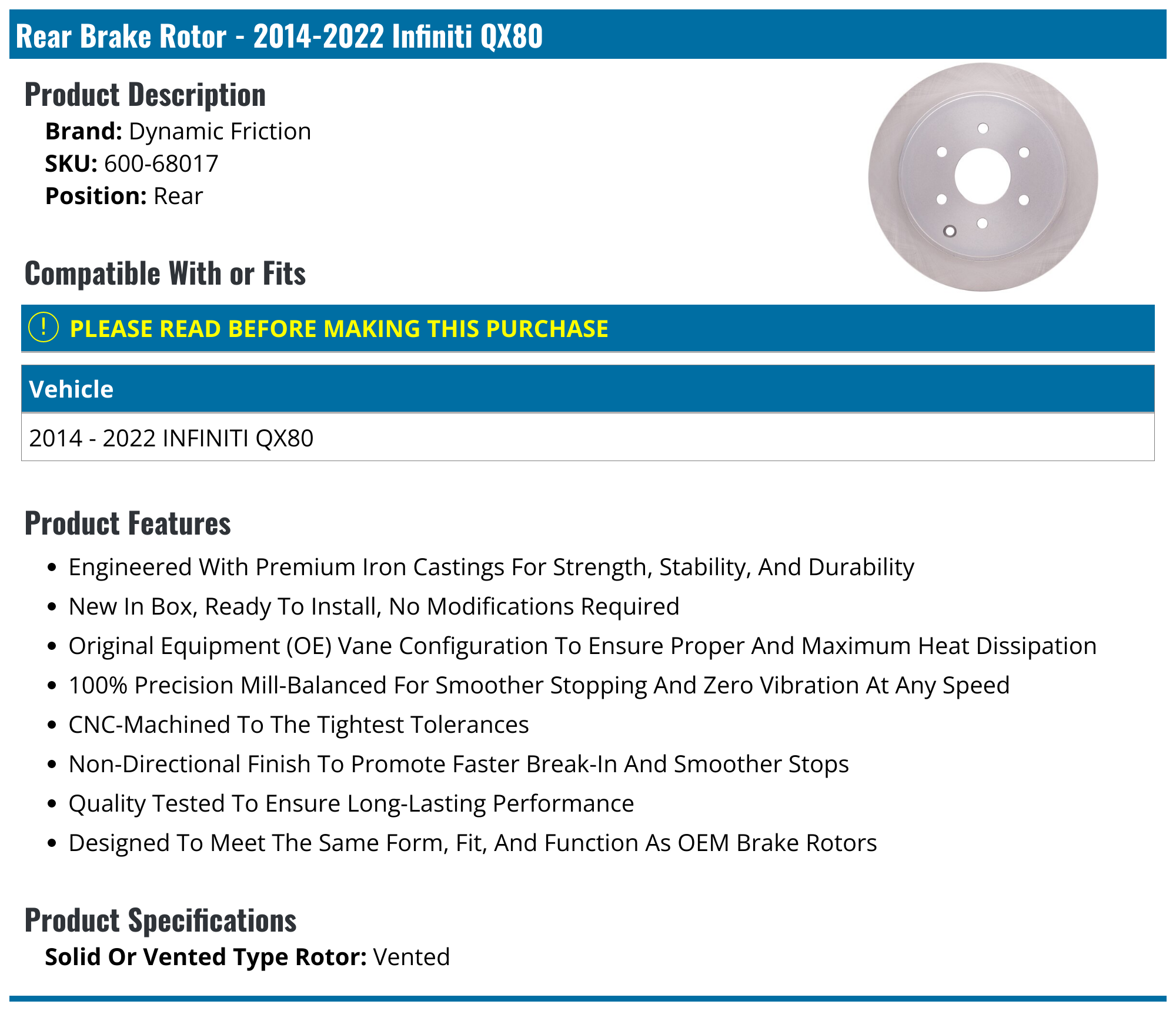 2014-2024 Infiniti QX80 Brake Rotor - Dynamic Friction 600-68017 - Rear ...