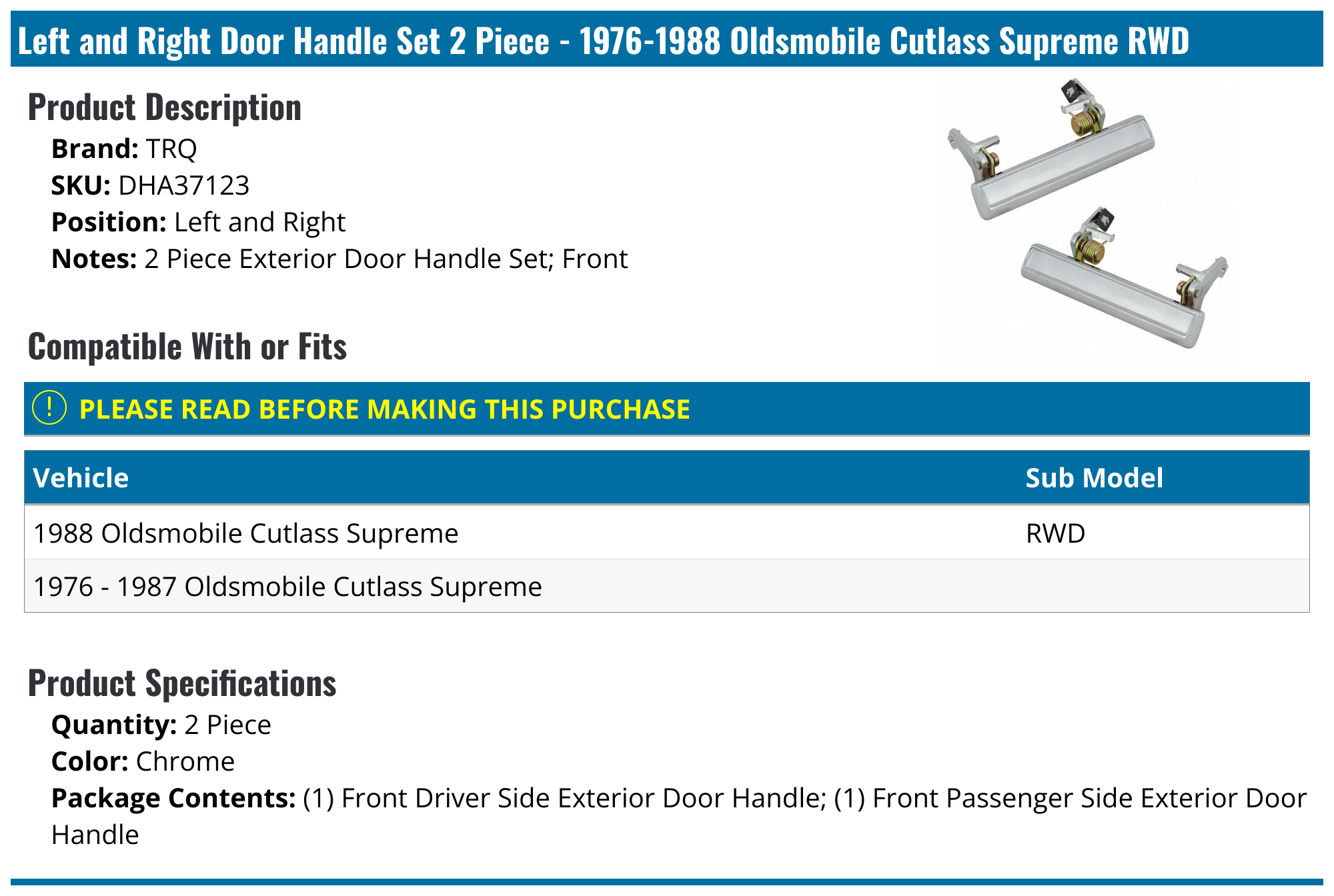 1976-1988 Oldsmobile Cutlass Supreme Door Handle - TRQ DHA37123 - Left ...