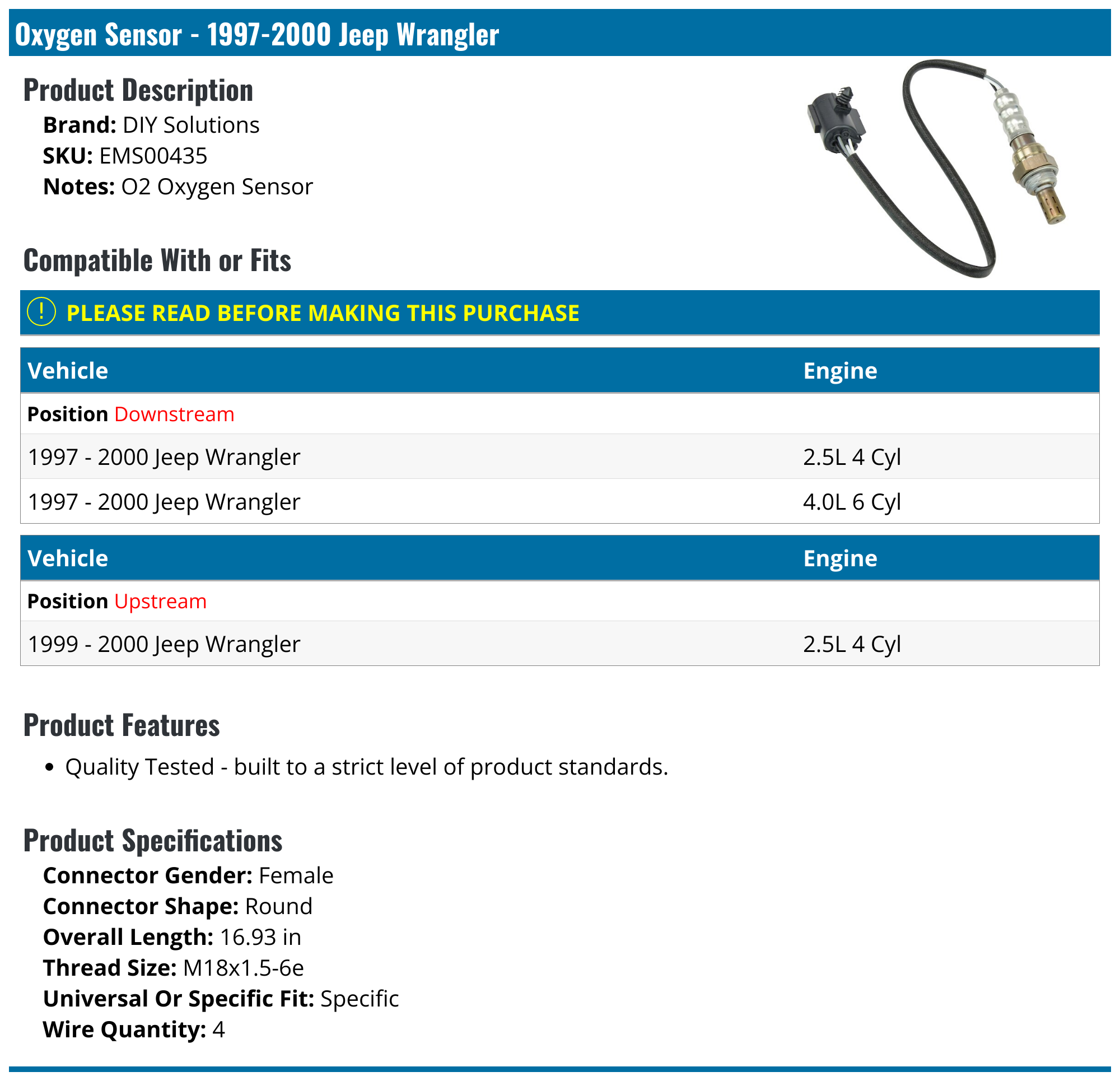 1997-2000 Jeep Wrangler Oxygen Sensor - DIY Solutions EMS00435 ...
