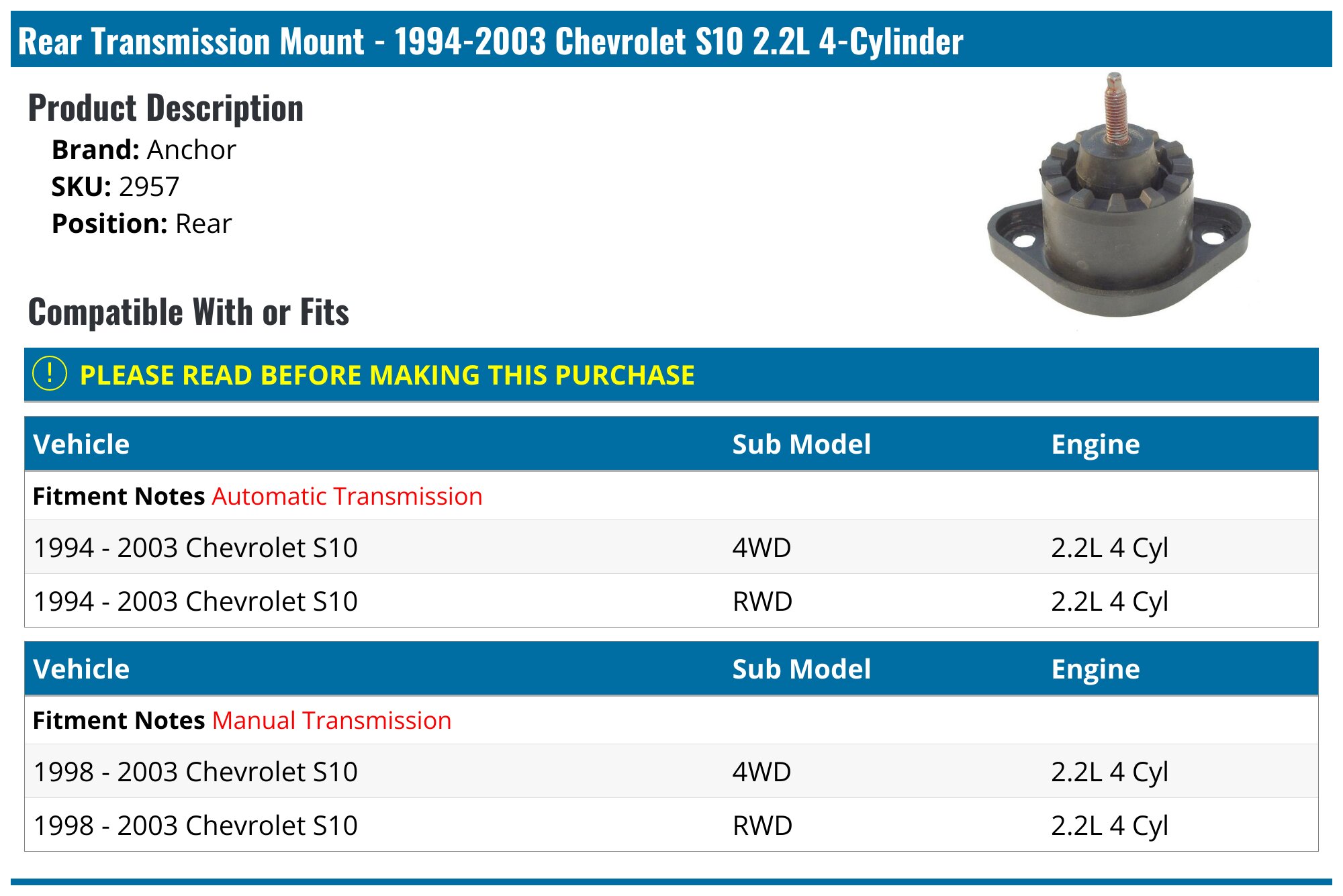 1994-2003 Chevrolet S10 Transmission Mount - Anchor 2957 - Rear ...