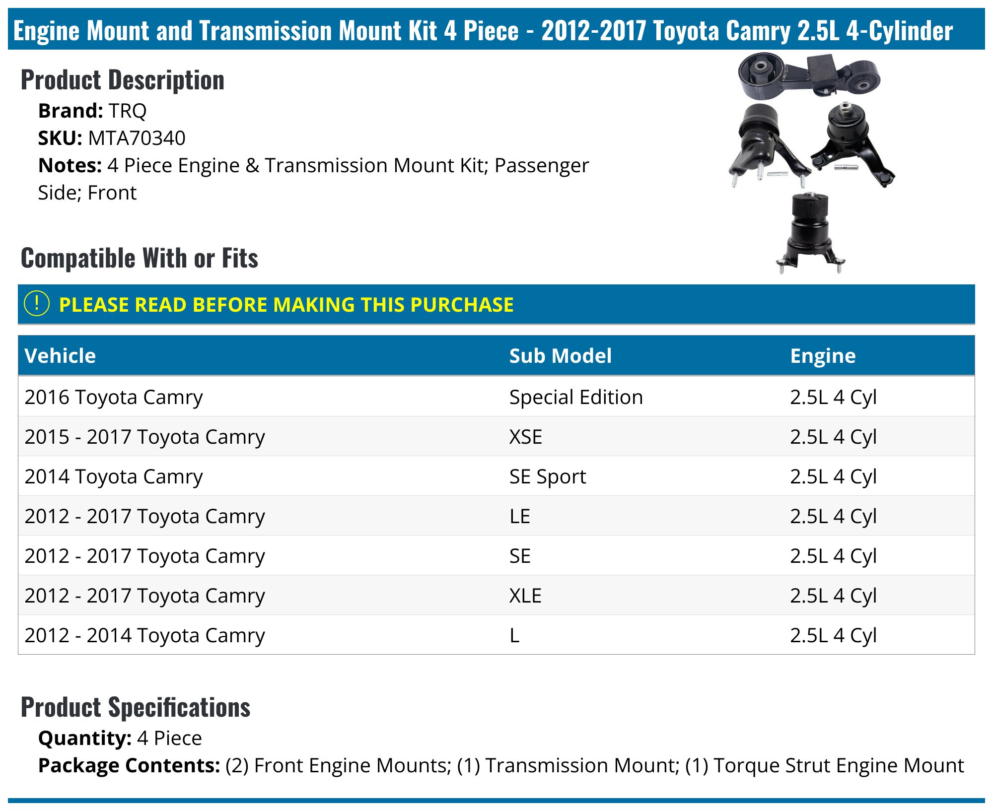 2012-2017 Toyota Camry Engine Mount - TRQ MTA70340 - PartsGeek.com