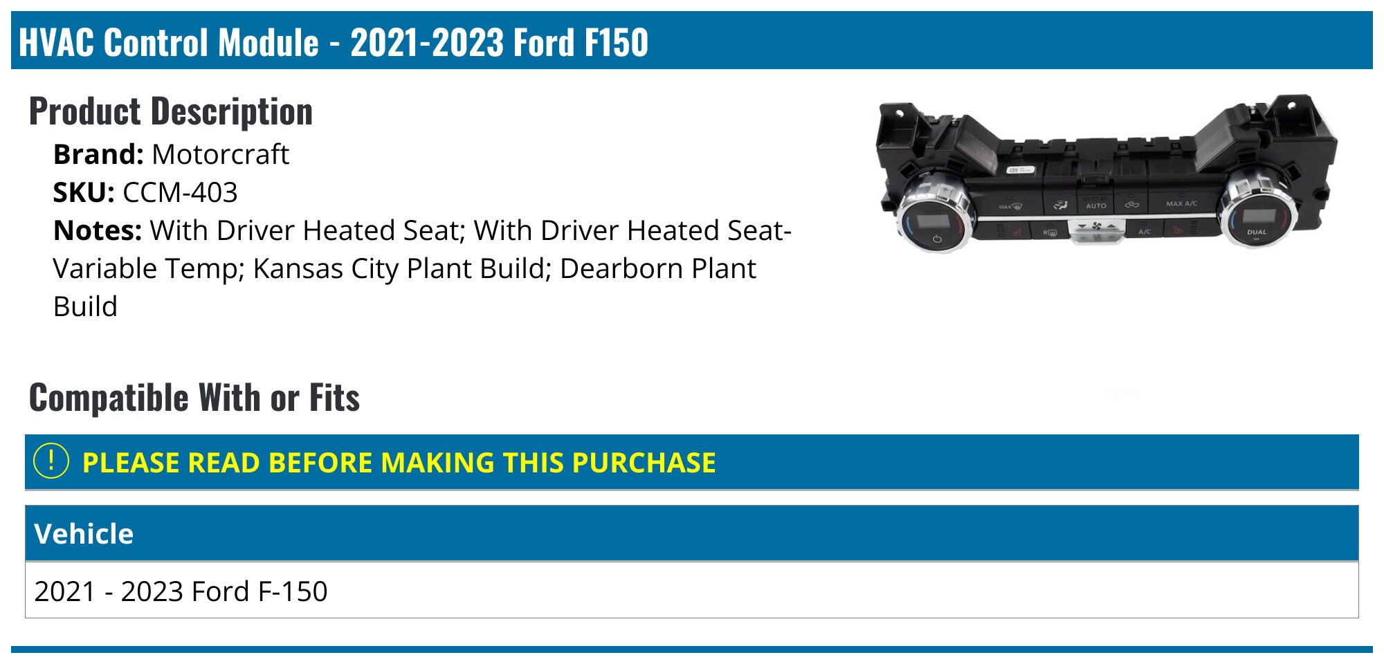 2021-2023 Ford F150 HVAC Temperature Control Panel - Motorcraft CCM-403 ...
