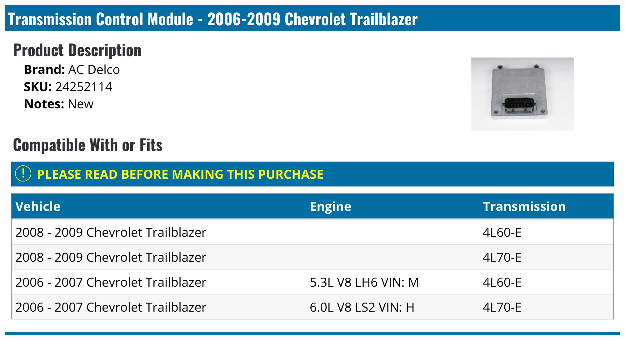 2006-2009 Chevrolet Trailblazer Transmission Control Module - AC Delco ...