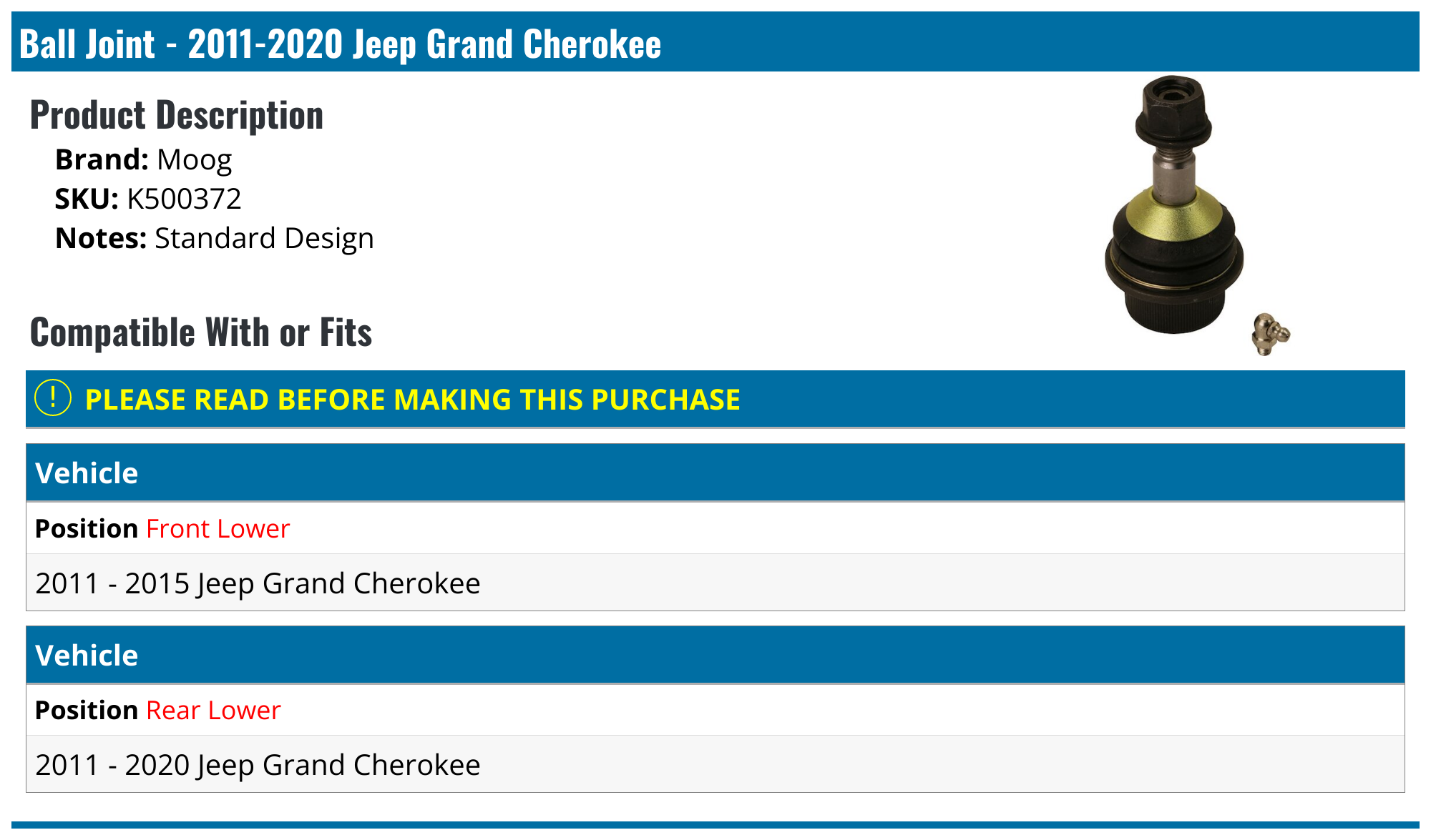 2011-2020 Jeep Grand Cherokee Ball Joint - Moog K500372 - Front Lower ...
