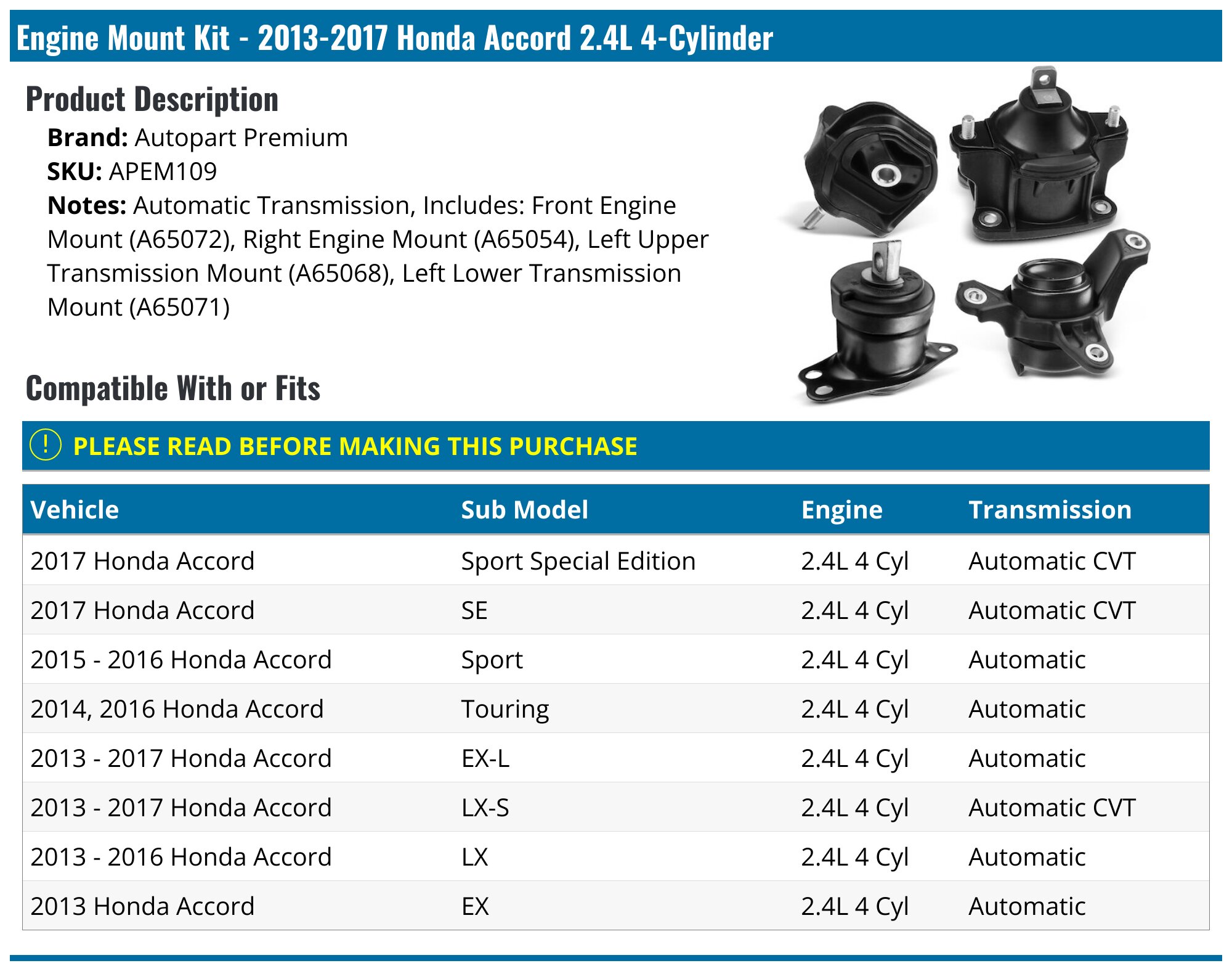 2013-2017 Honda Accord Engine Mount - Autopart Premium APEM109 ...