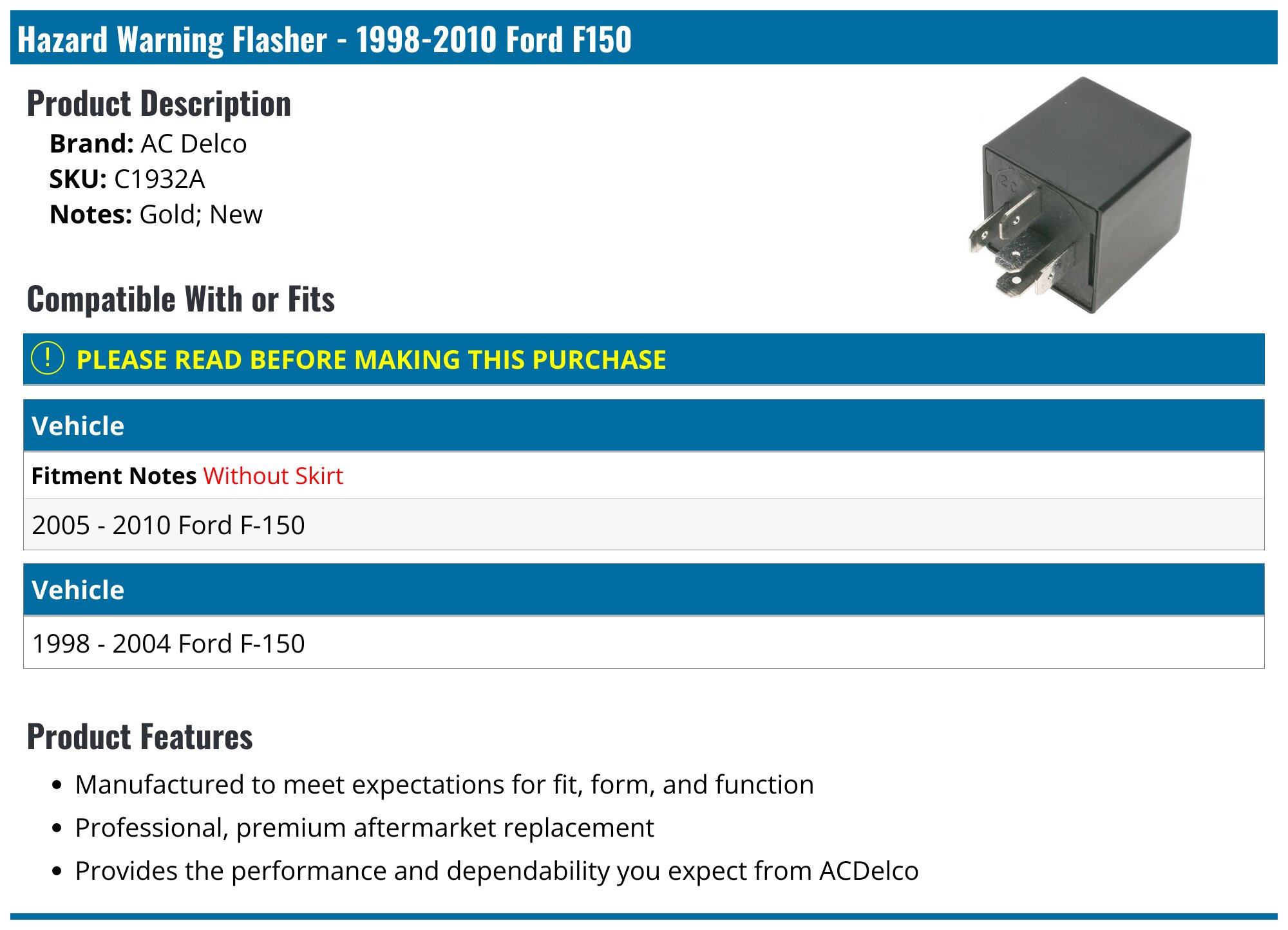 1998-2010 Ford F150 Hazard Warning Flasher - AC Delco C1932A ...