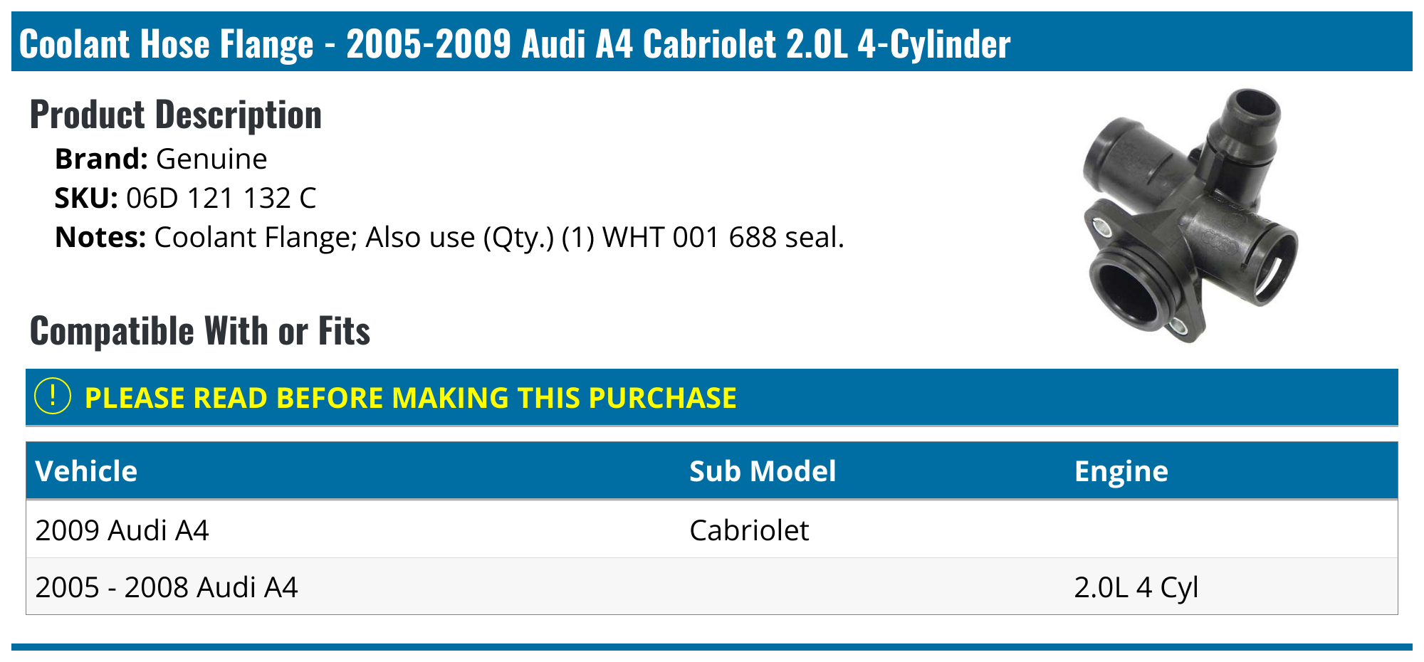 2005-2009 Audi A4 Coolant Hose Flange - Genuine 06D 121 132 C ...