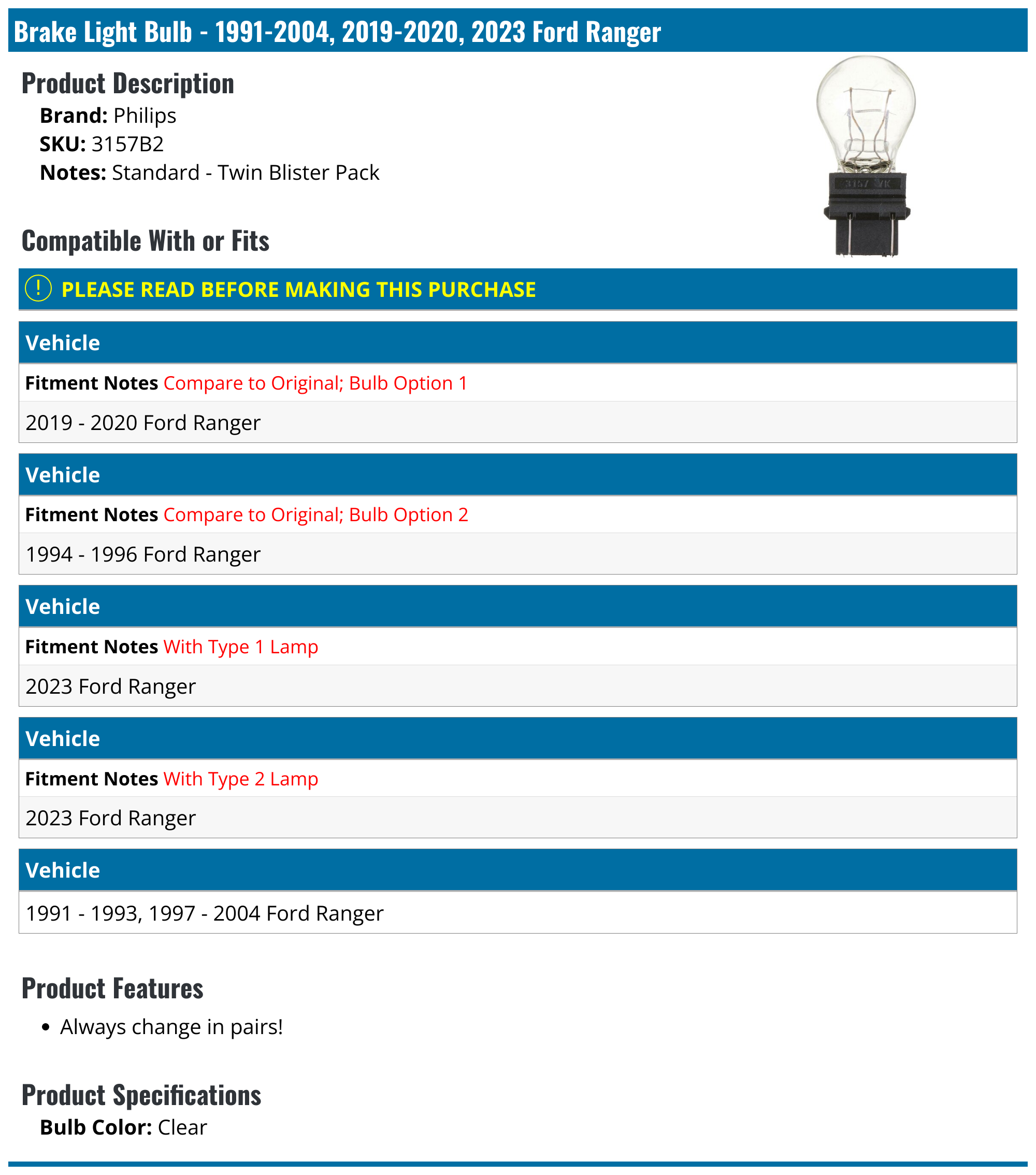 1991-1994, 1997-2004 Ford Ranger Brake Light Bulb - Philips 3157B2 ...
