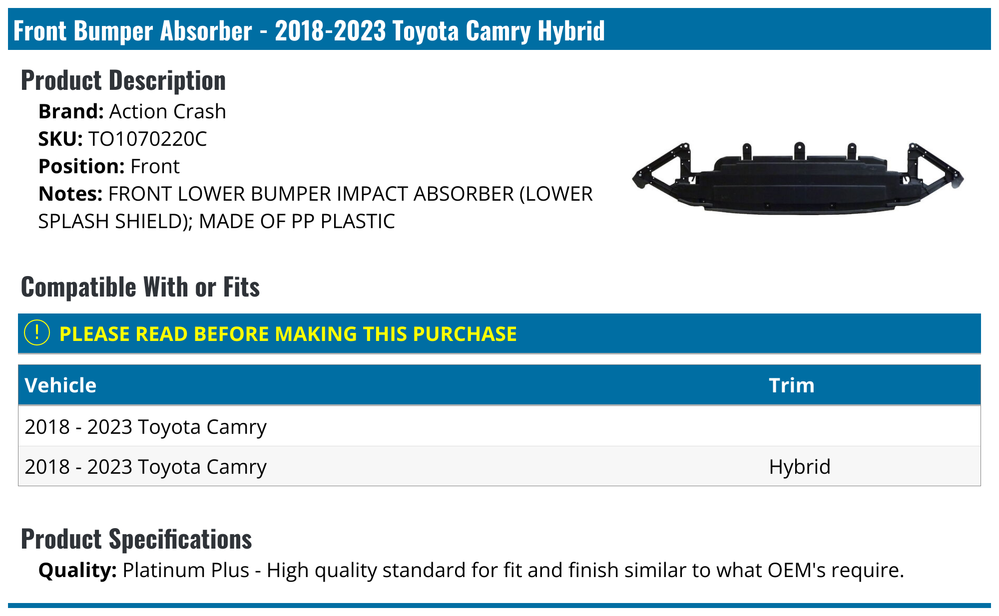 2018-2024 Toyota Camry Bumper Absorber - Action Crash TO1070220C ...