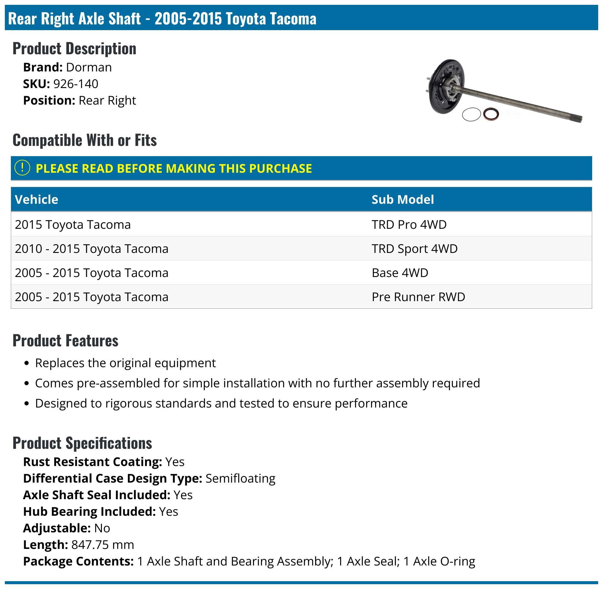 2005-2023 Toyota Tacoma Axle Shaft - Dorman 926-140 - Rear Right ...