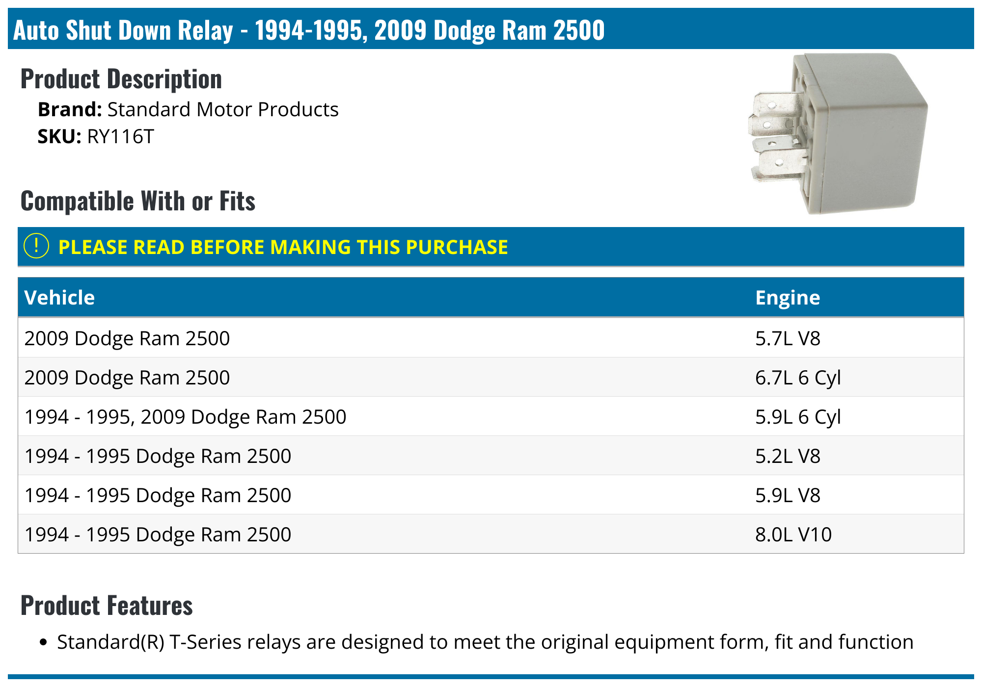 1994-1995, 2009 Dodge Ram 2500 Auto Shut Down Relay - Standard Motor ...