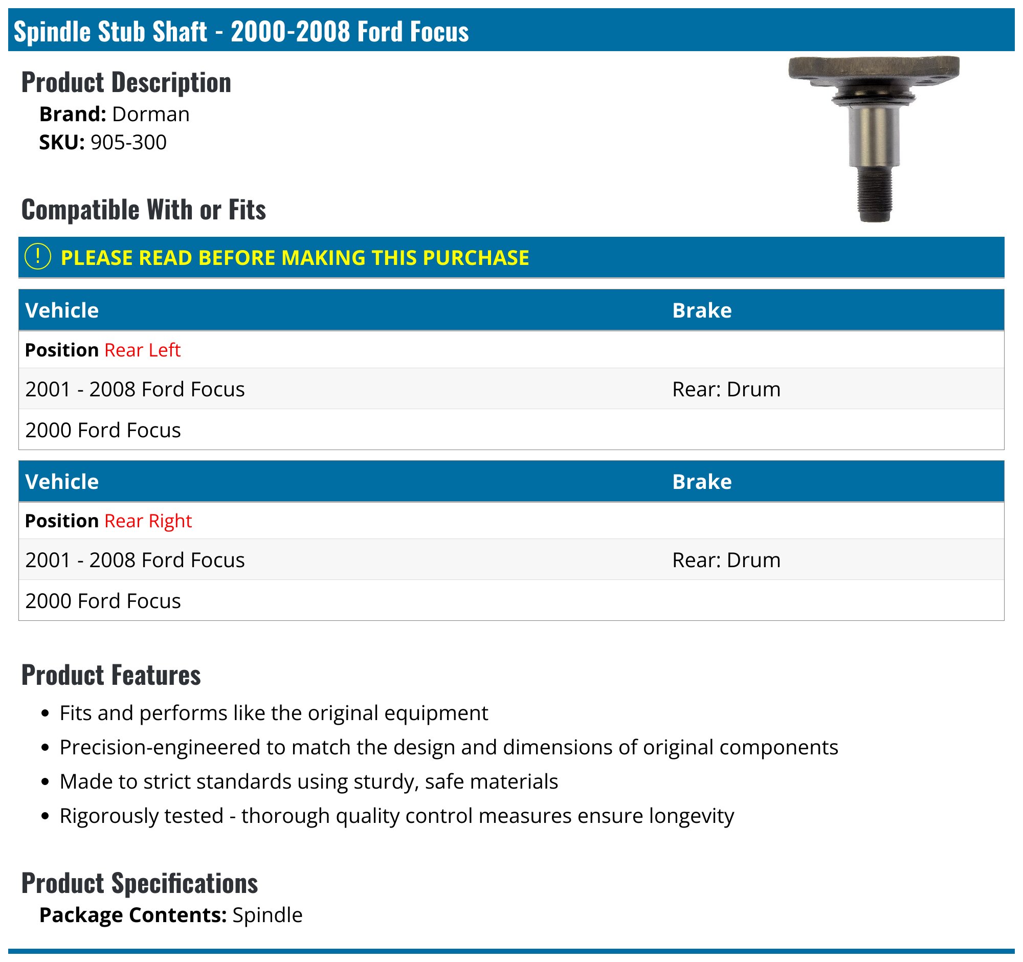 2000-2008 Ford Focus Spindle Stub Shaft - Dorman 905-300 - Rear Right ...