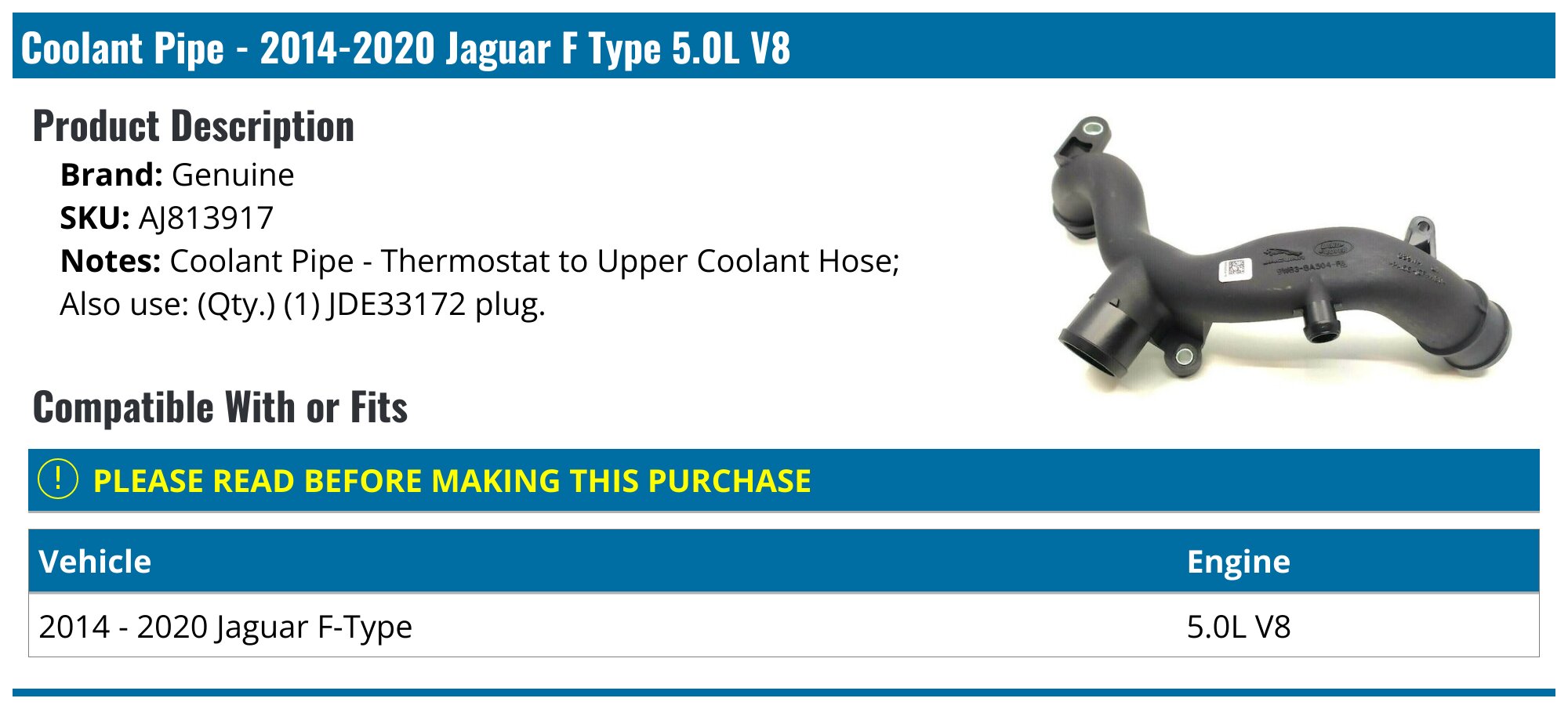 2014-2020 Jaguar F Type Coolant Pipe - Genuine AJ813917 - Upper ...
