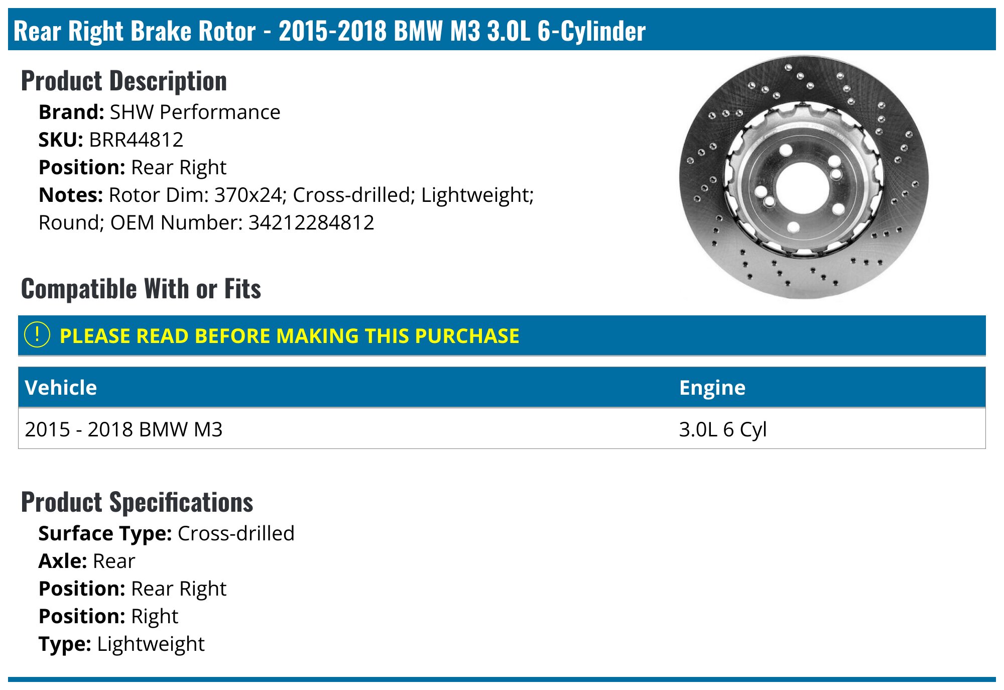 2015-2018 BMW M3 Brake Rotor - SHW Performance BRR44812 - Rear Right ...
