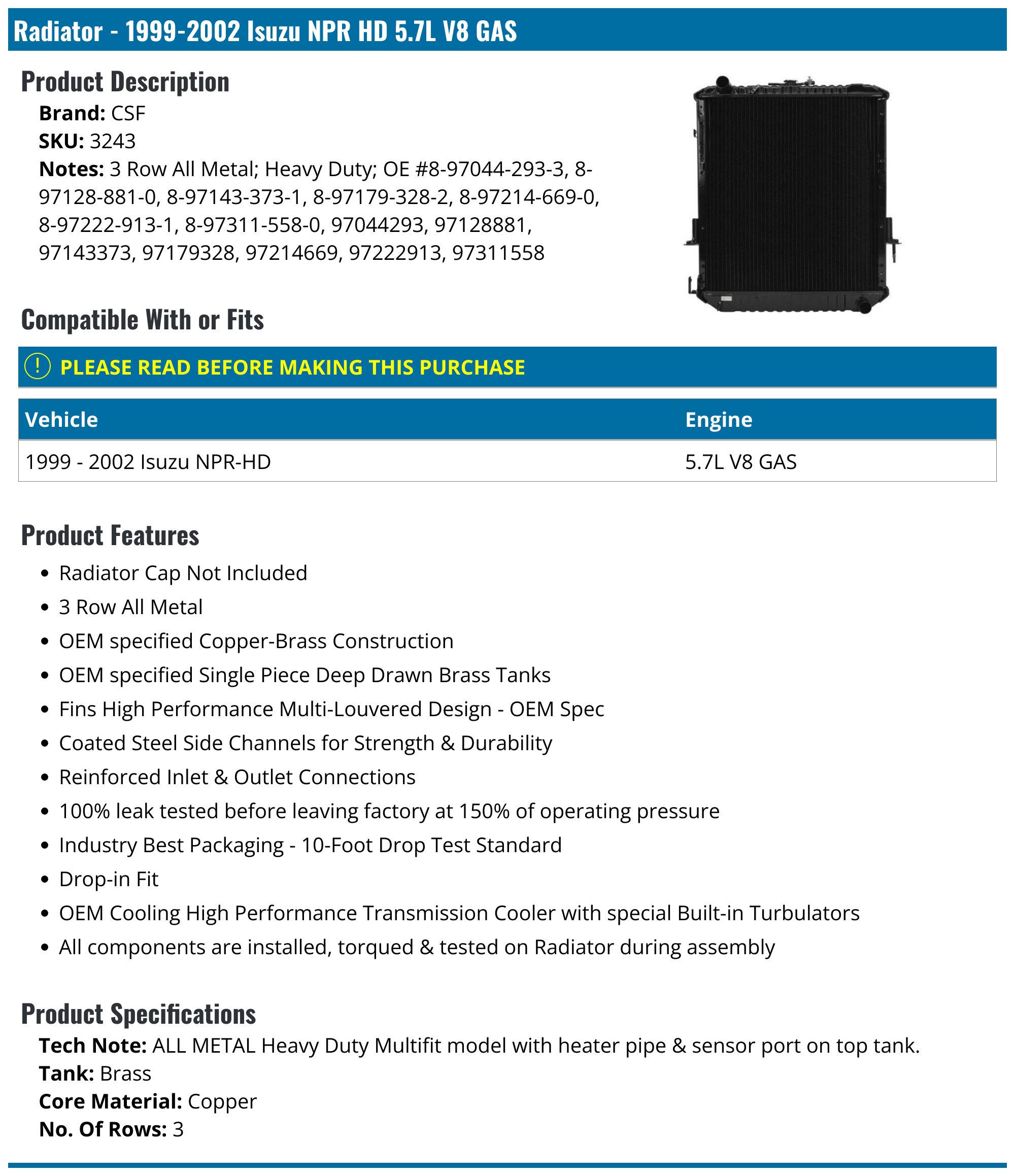 1999-2002 Isuzu NPR HD Radiator - CSF 3243 - PartsGeek.com