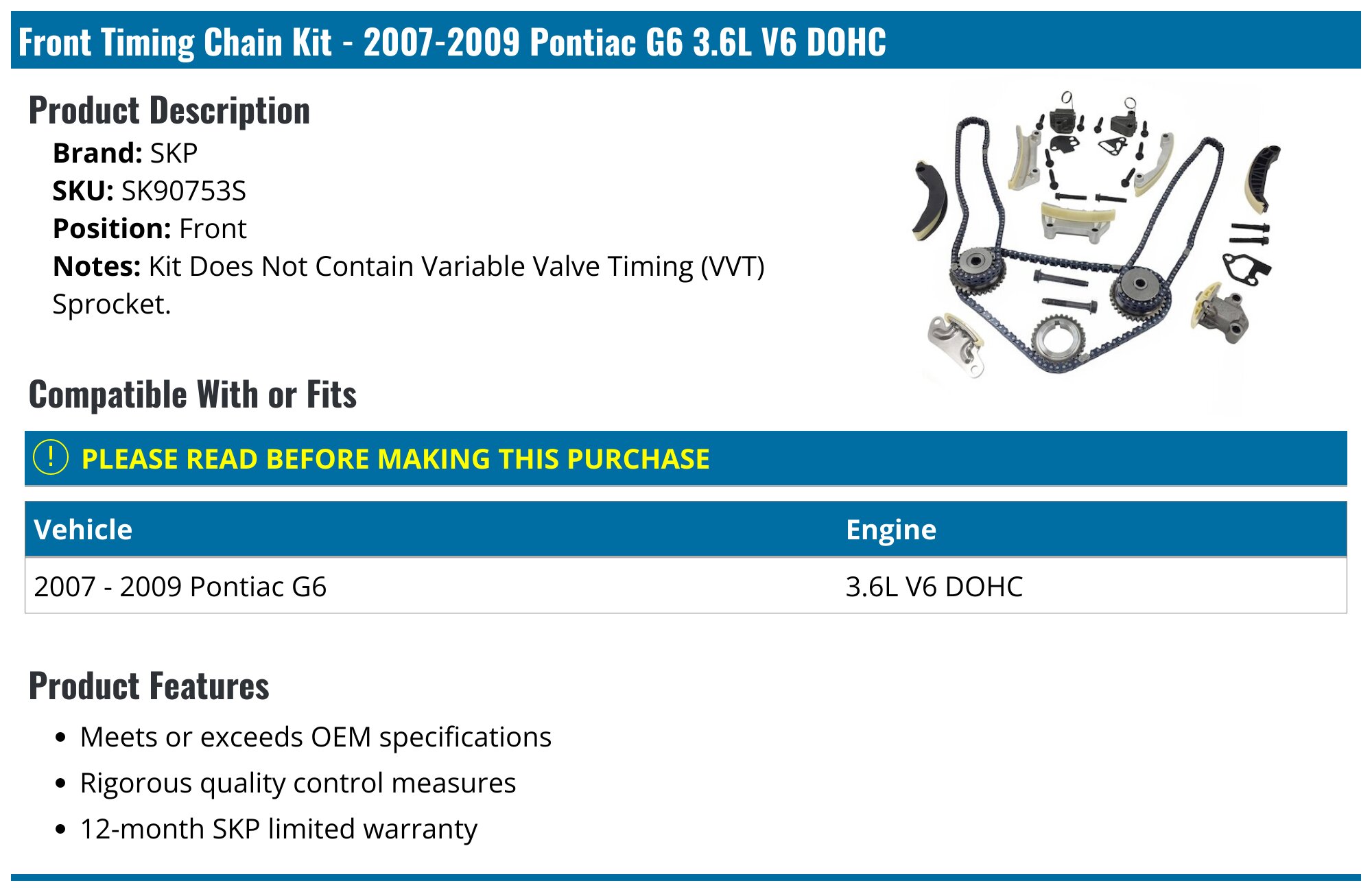 2007-2009 Pontiac G6 Timing Chain - SKP SK90753S - Front - PartsGeek.com
