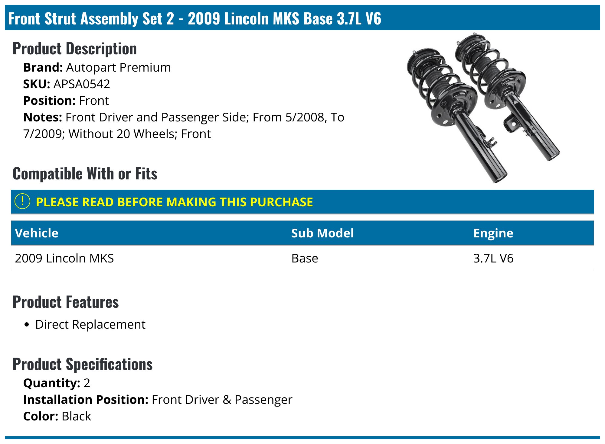 2009 Lincoln MKS Strut Assembly - Autopart Premium APSA0542 - Front ...