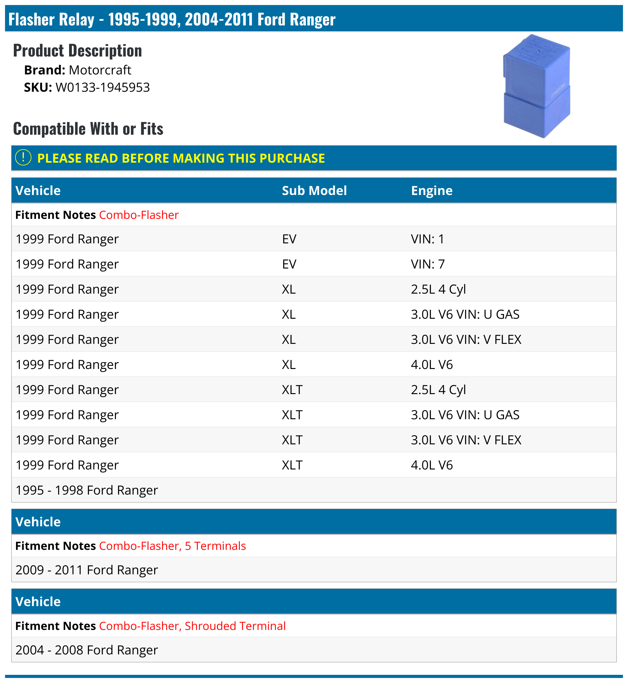 1995-1999, 2004-2011 Ford Ranger Flasher Relay - Motorcraft W0133 ...