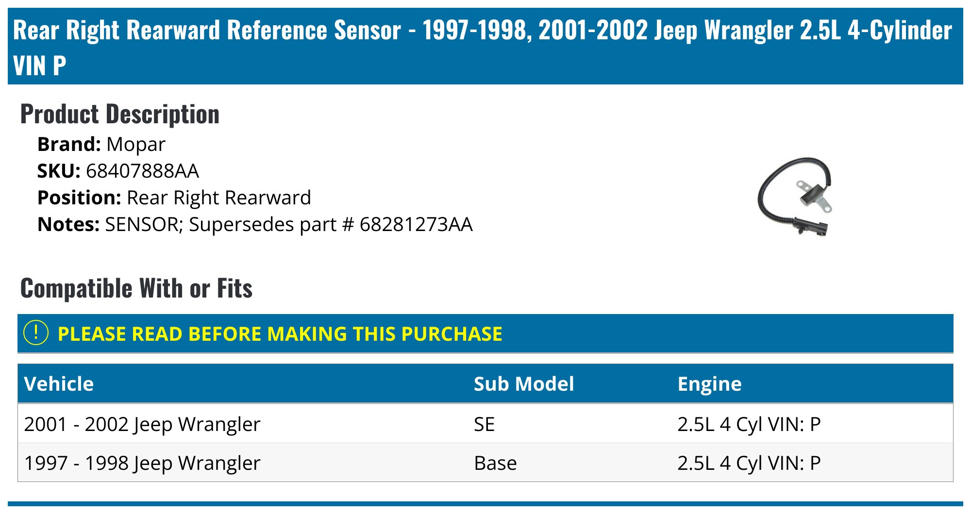 1997-1998, 2001-2002 Jeep Wrangler Crank Position Sensor - Mopar ...